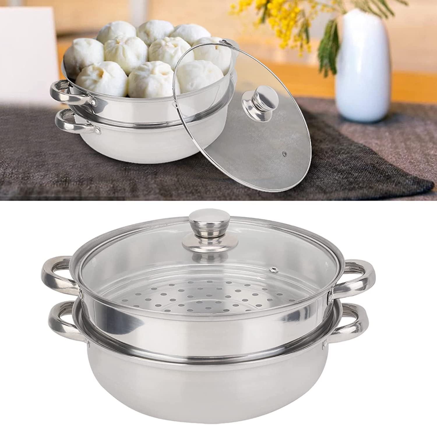 Marvellous Stainless Steel & Glass 2-Layer Steamer, Round, 27 x 27 x 19 ...