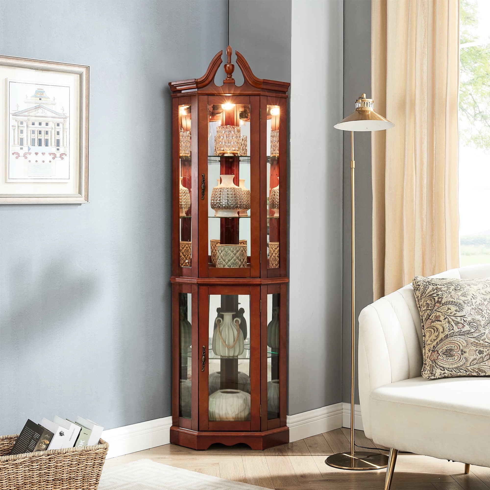 Marvelous Walnut Curio Display Cabinet With Adjustable Shelves ...