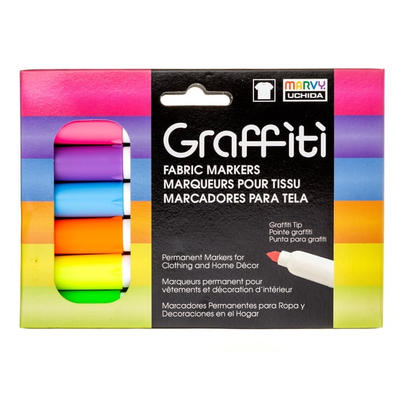 Marvy Uchida Graffiti Fabric Markers Set of 6 Neon Colors for Fabric ...