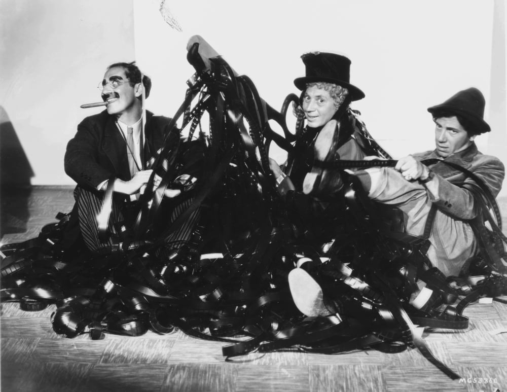 Marx Brothers Scene with Three Men smiling in Black and White Photo ...
