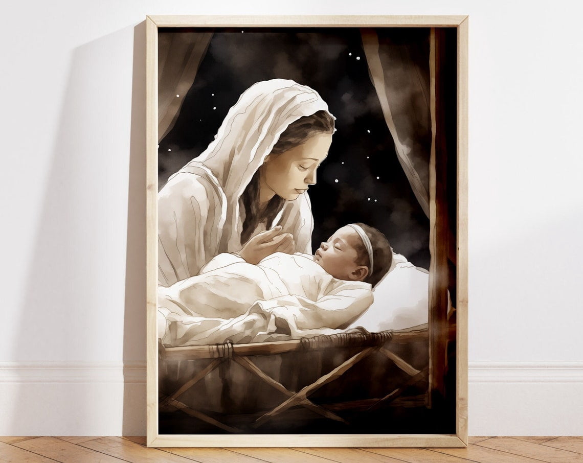 Mary And A Baby In A Crib Poster - Birth Of Jesus Wall Art, Nursery ...