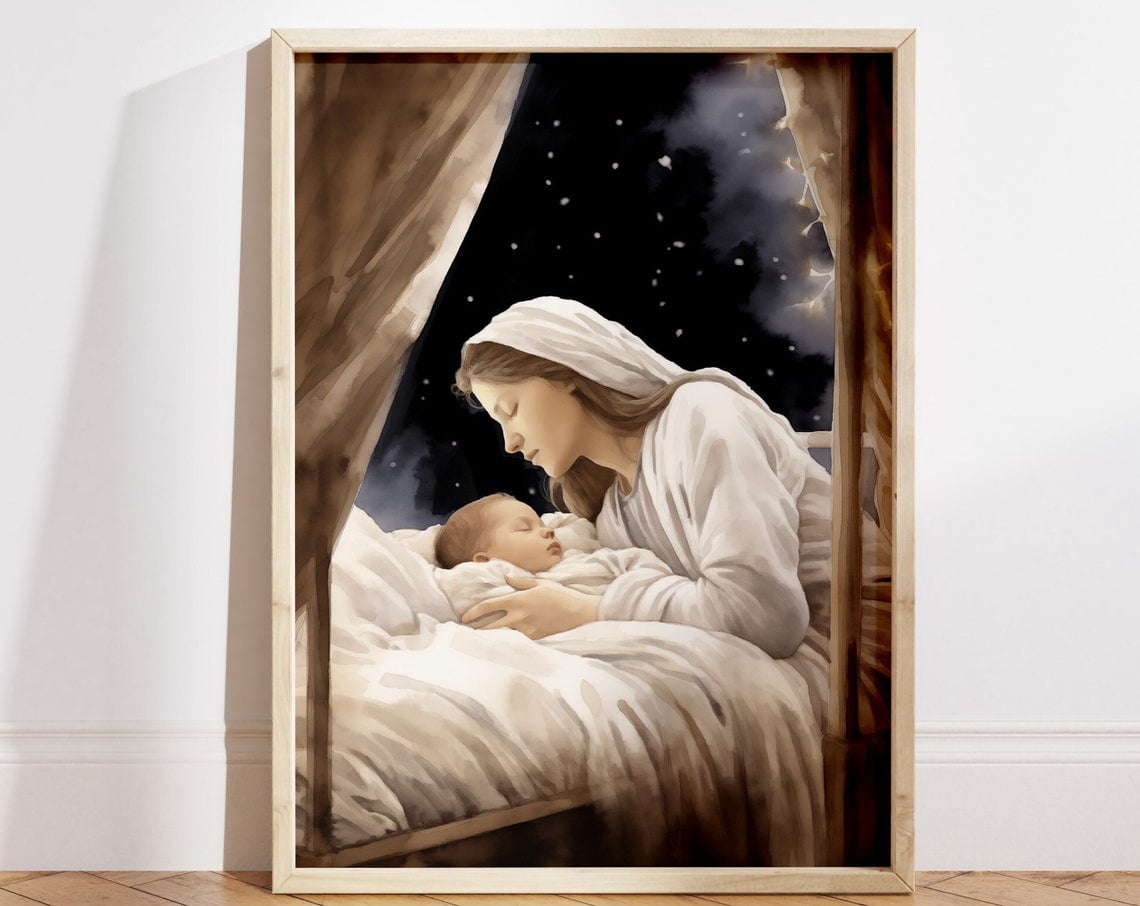 Mary And A Baby In A Crib Poster - Birth Of Jesus Wall Art, Nursery ...