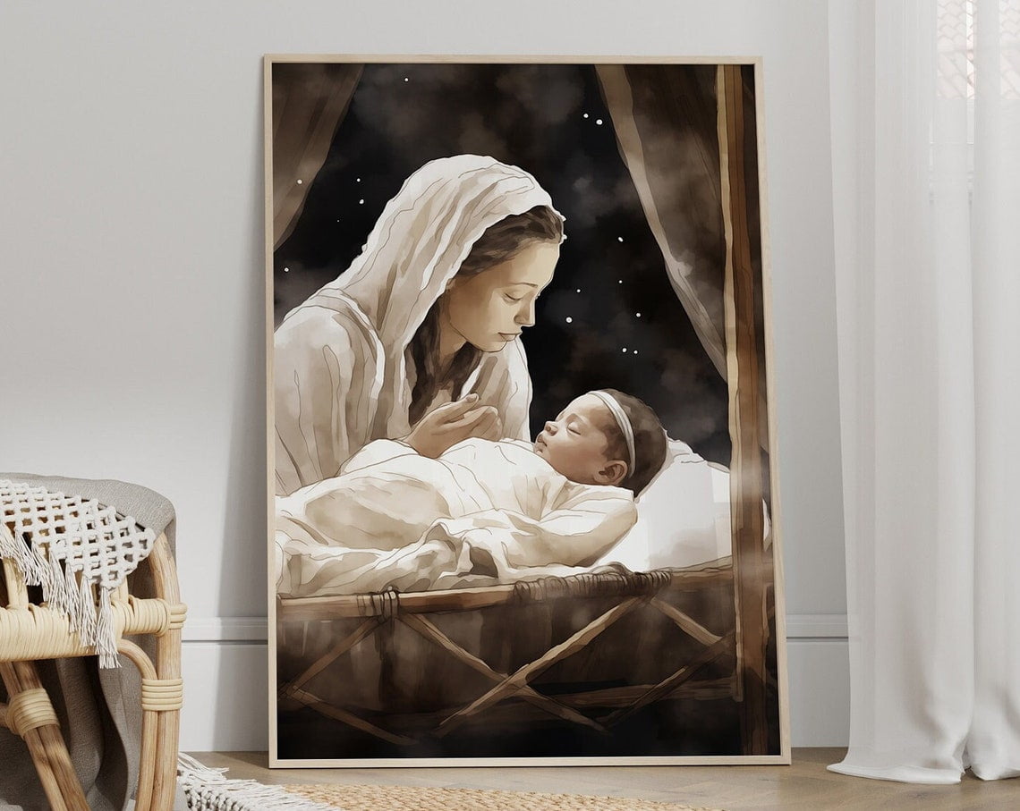 Mary And A Baby In A Crib Poster - Birth Of Jesus Wall Art, Nursery ...