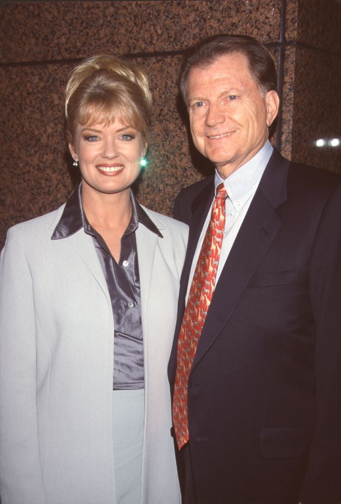 Mary Hart In Light Blue Suit With Burt Sugarman At Staples Center Plaza ...