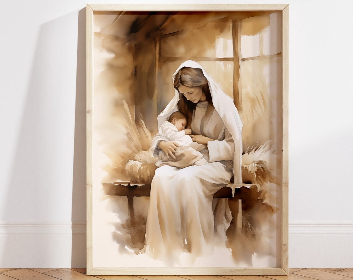 Mary Holding Baby Jesus Poster By Wallency - Birth Of Jesus Wall Art ...