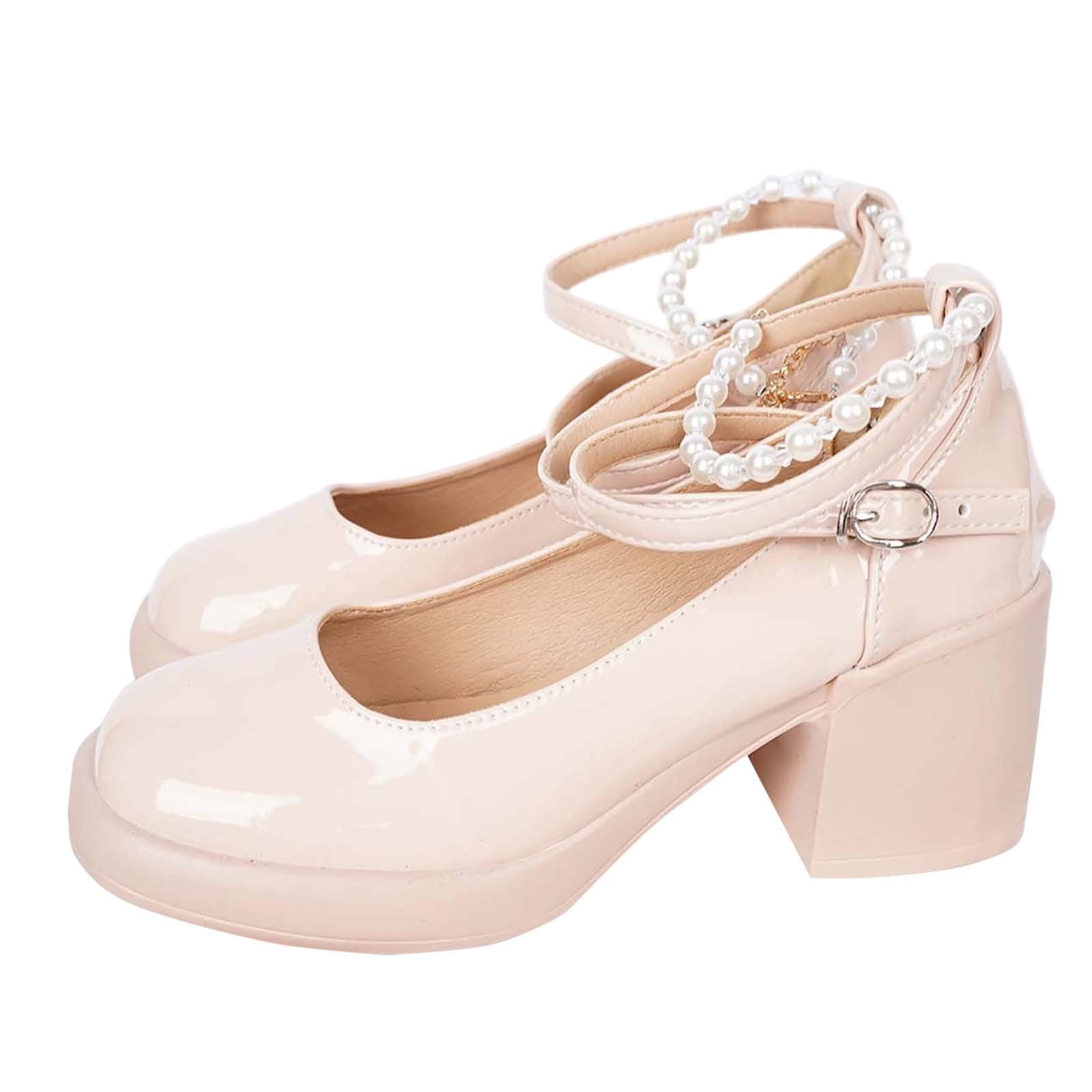 Mary Jane Shoes For Women Pearl Accent Ankle Strap Platform Block Heel ...