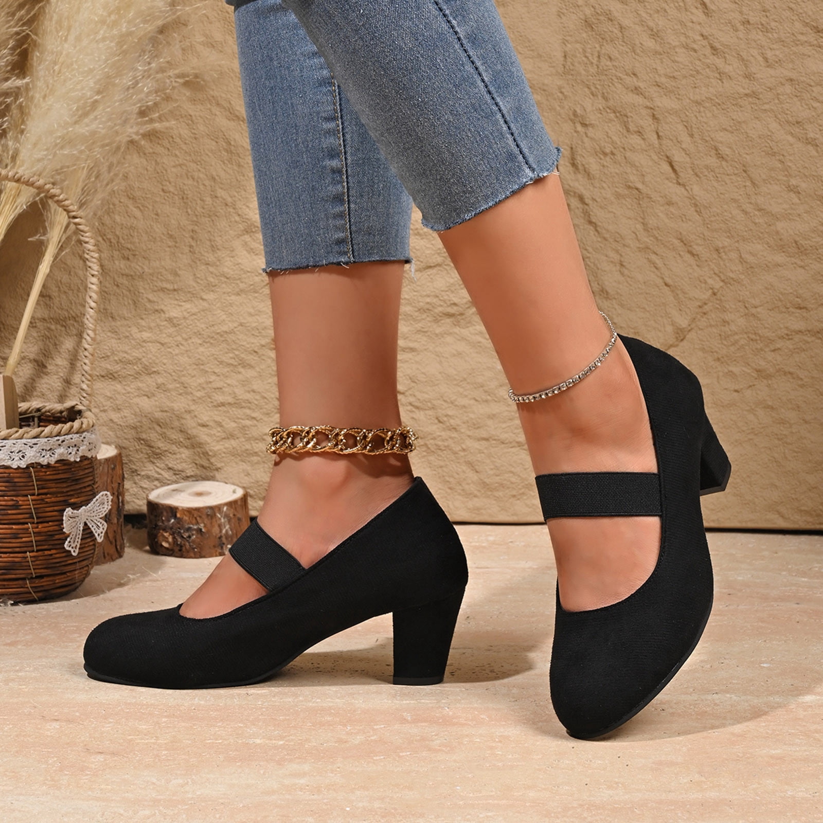 Mary Jane Shoes Women,Velour Straps Elegant Dance Ankle Heel Formal ...
