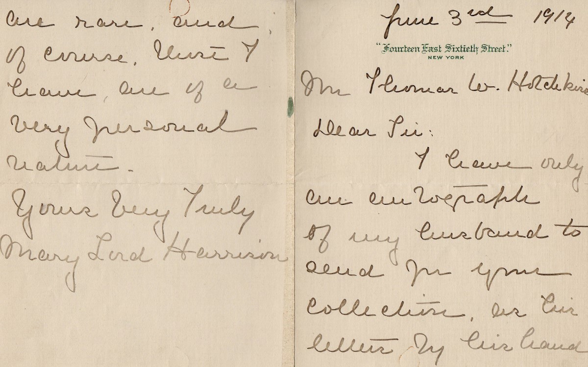 Mary Lord Harrison Dimmick Signed Autographed Personal Letter 1914 JSA ...