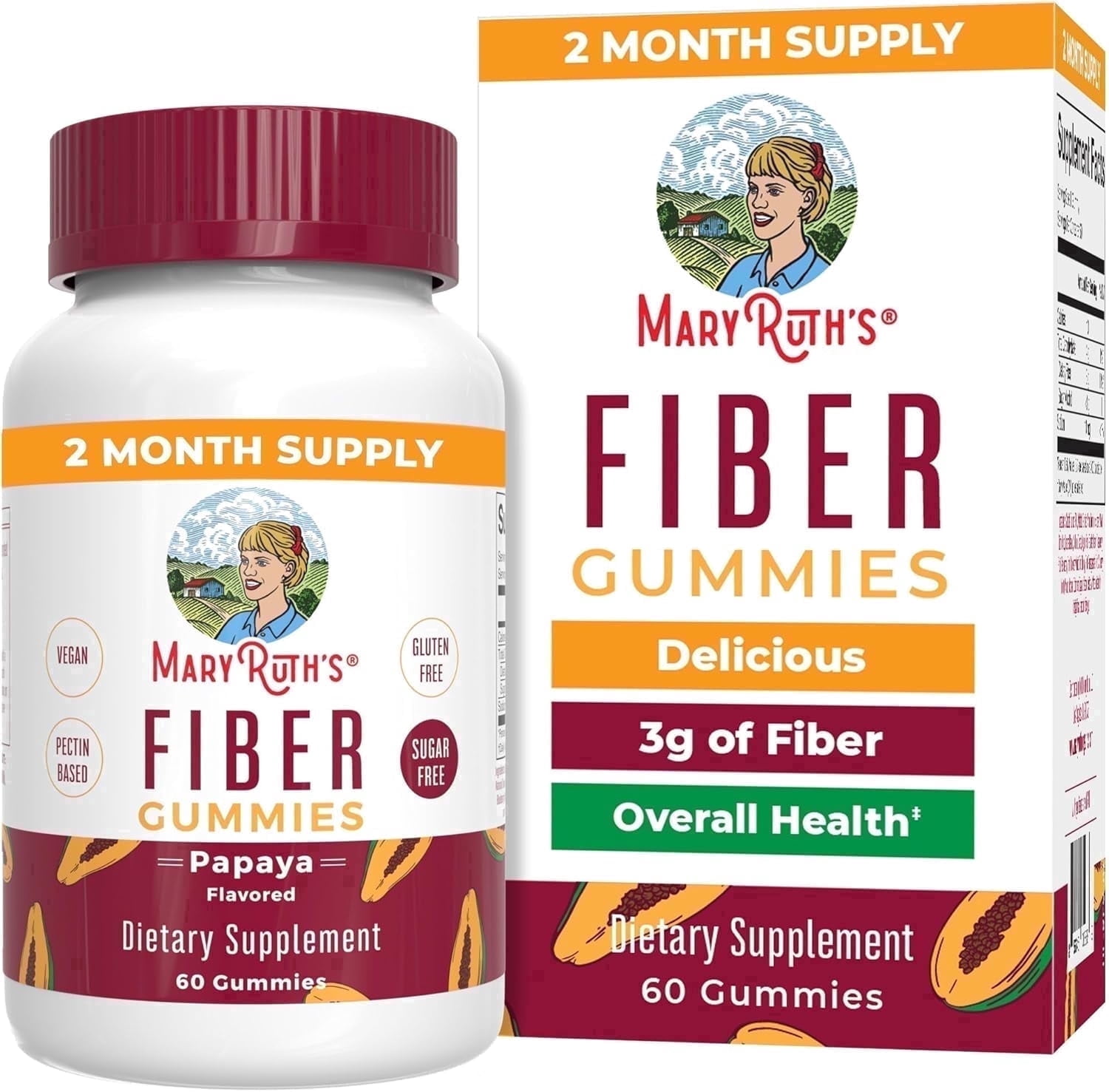 MaryRuth's Fiber Gummies for Adults, Papaya Flavor, Vegan, 60 Count ...