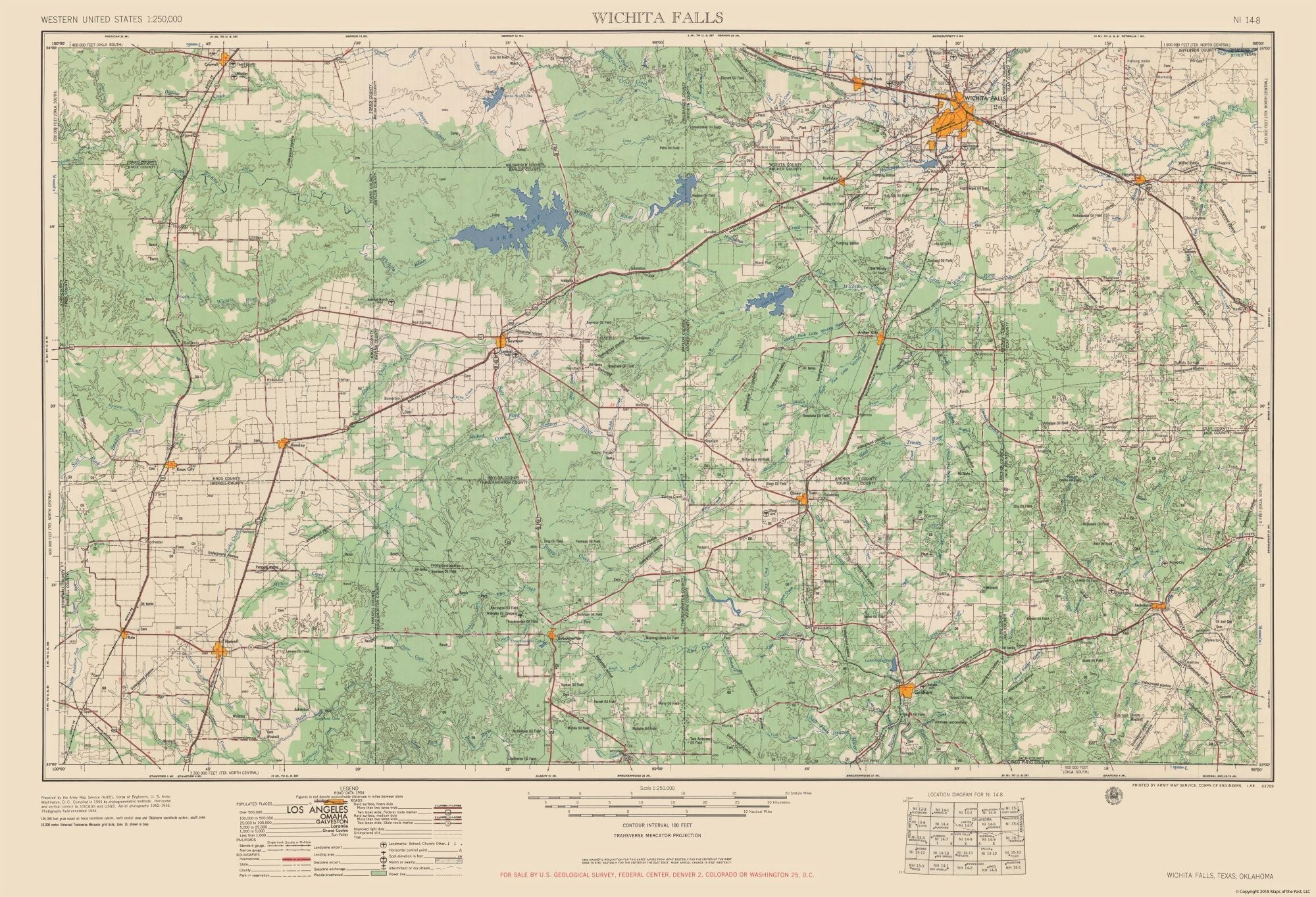Topographical Map - Wichita Falls Texas Quad - USGS 1954 - 33.74 x 23 ...