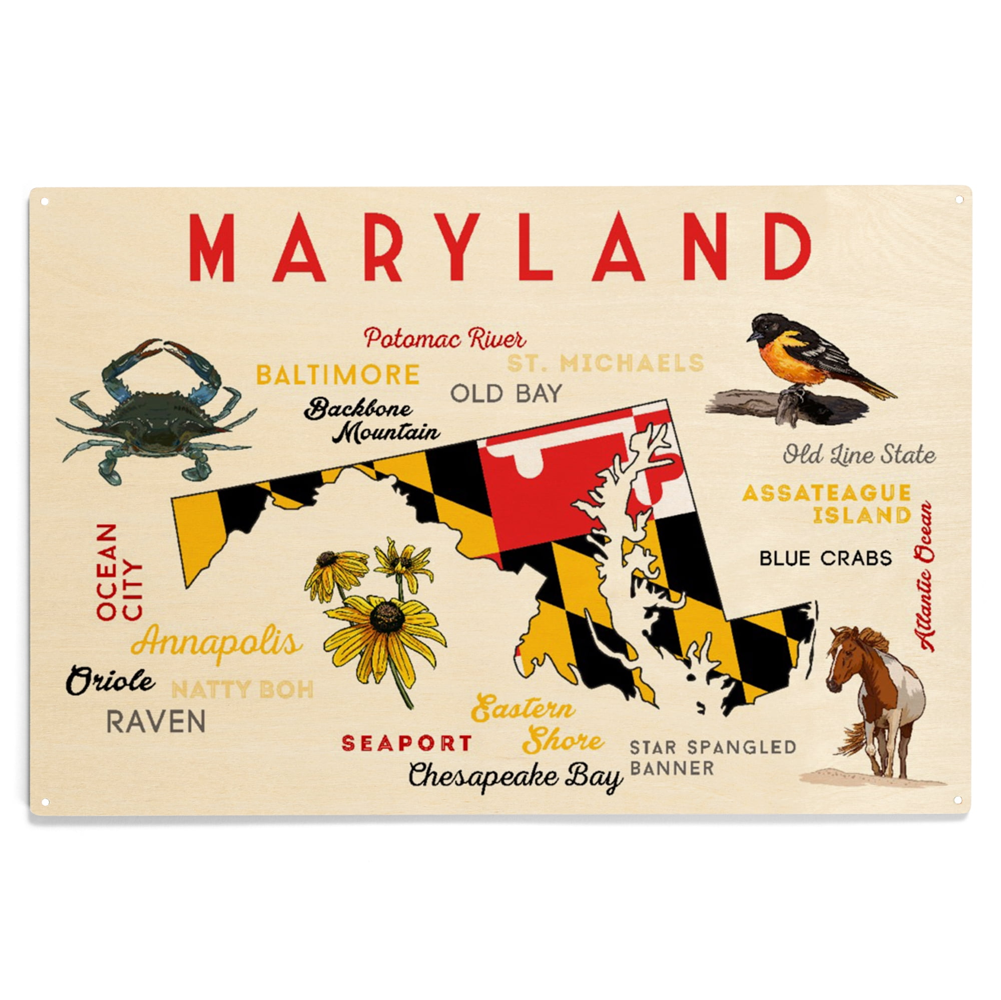 Maryland, Typography and Icons with Black Eyed Susans Birch Wood Wall ...