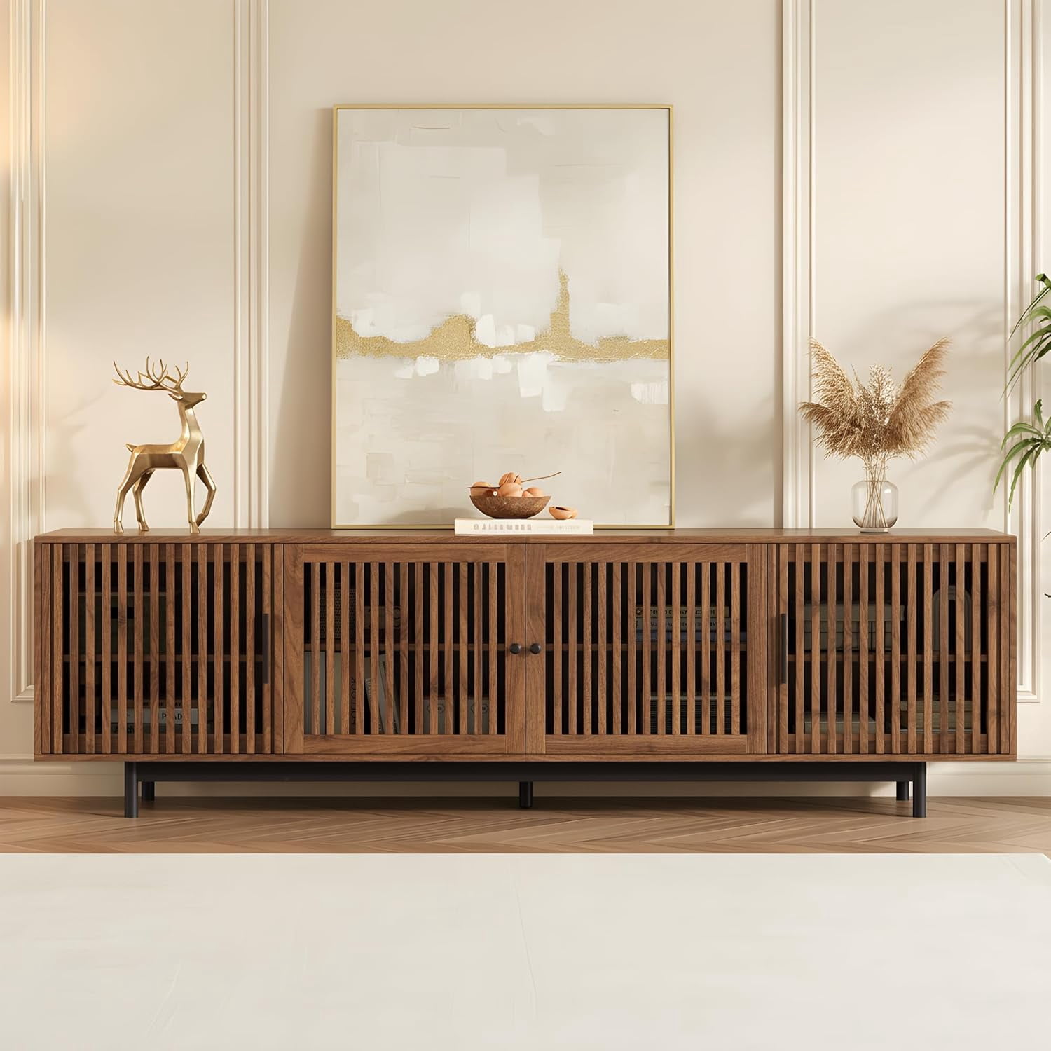 Marzzi 78" Mid-Century TV Stand with Slatted Doors, Modern Media ...