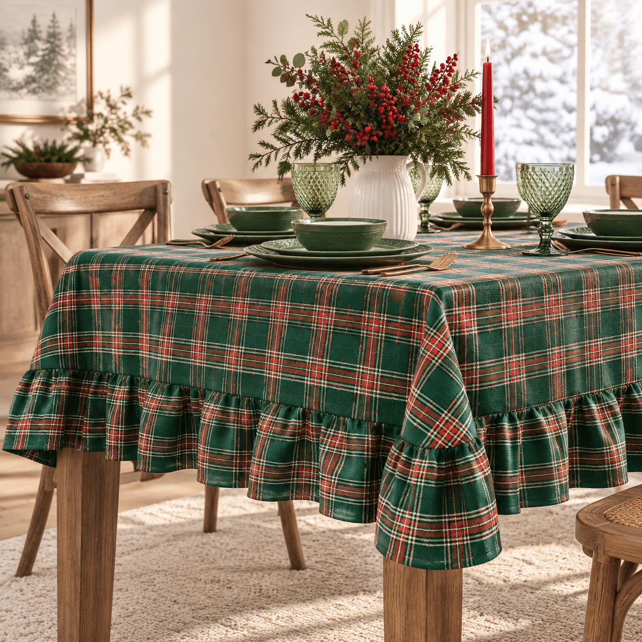 Mas Ruffle Plaid Rectangle Tablecloth Green 60