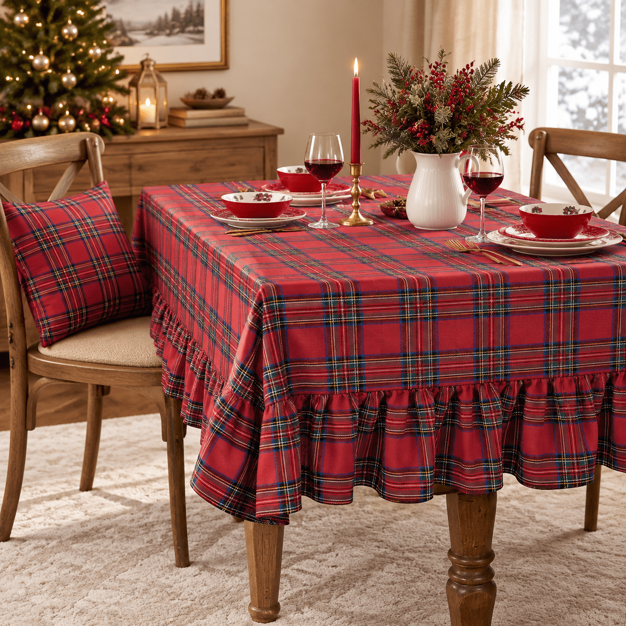Mas Ruffle Plaid Rectangle Tablecloth Red 60