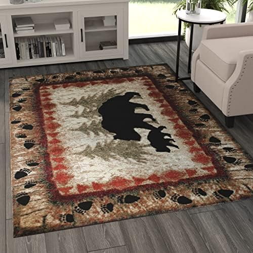 Masada Rugs, Cabin Lodge Area Rug Bear and Cub Scene (5 Feet 3 Inch X 7 ...