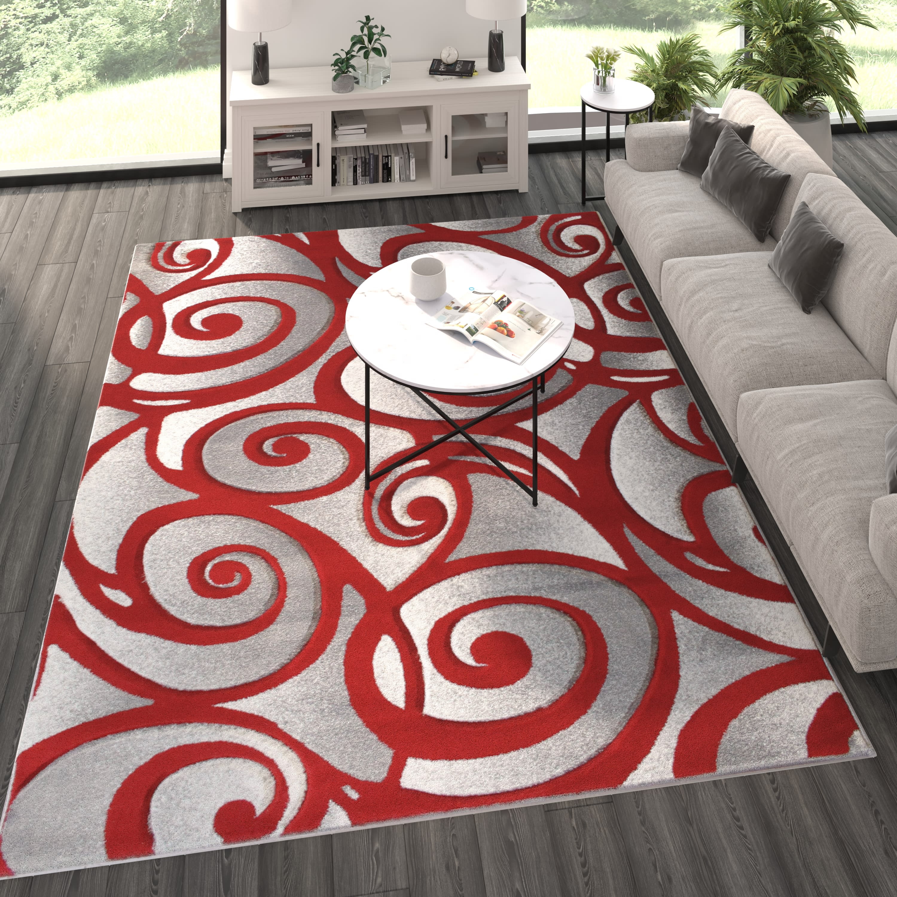 Masada Rugs Grey White Red Modern Woven Area Rug, Hand Carved (8 Feet X ...
