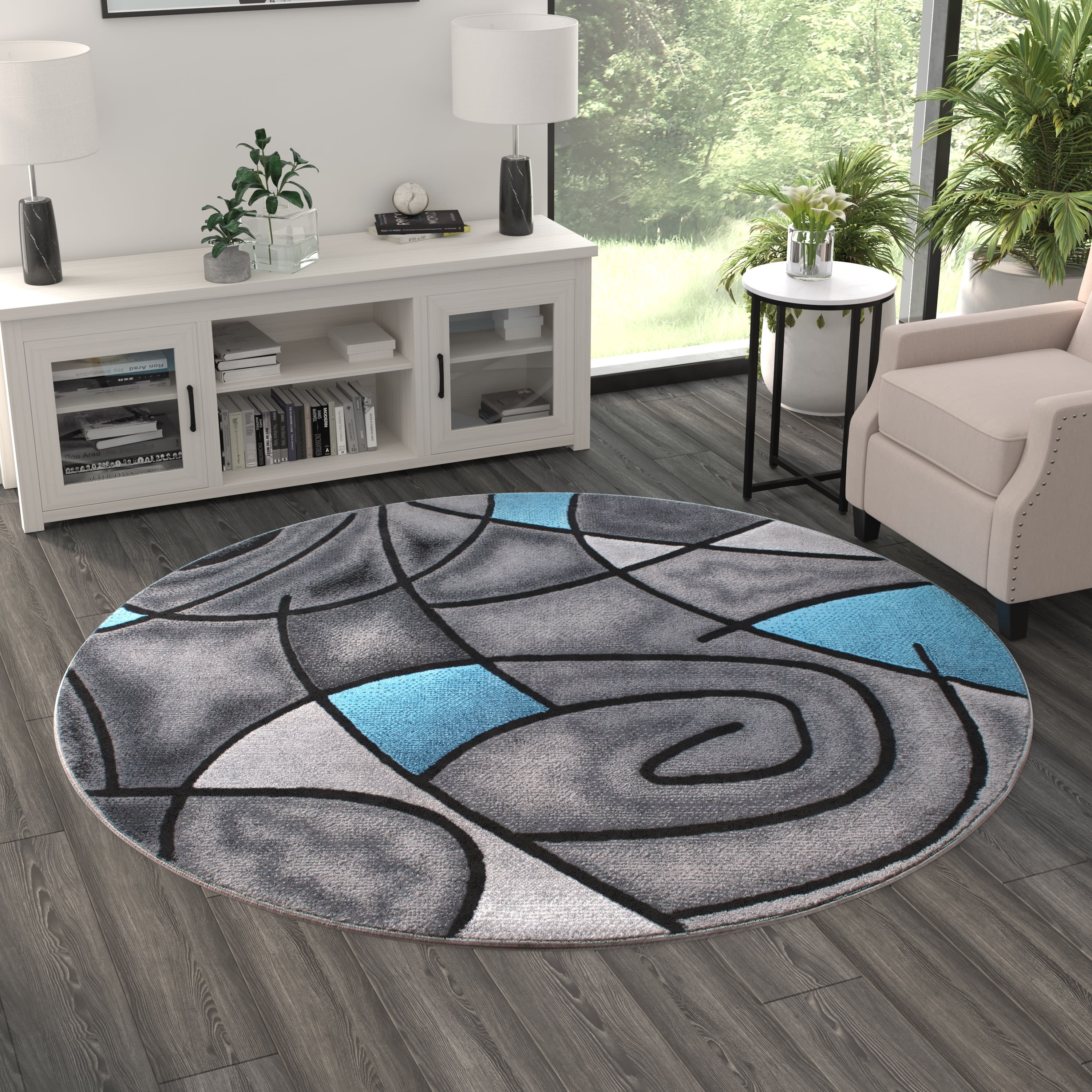 Masada Rugs Modern Contemporary Round Area Rug, Blue Grey Black (5 Feet ...