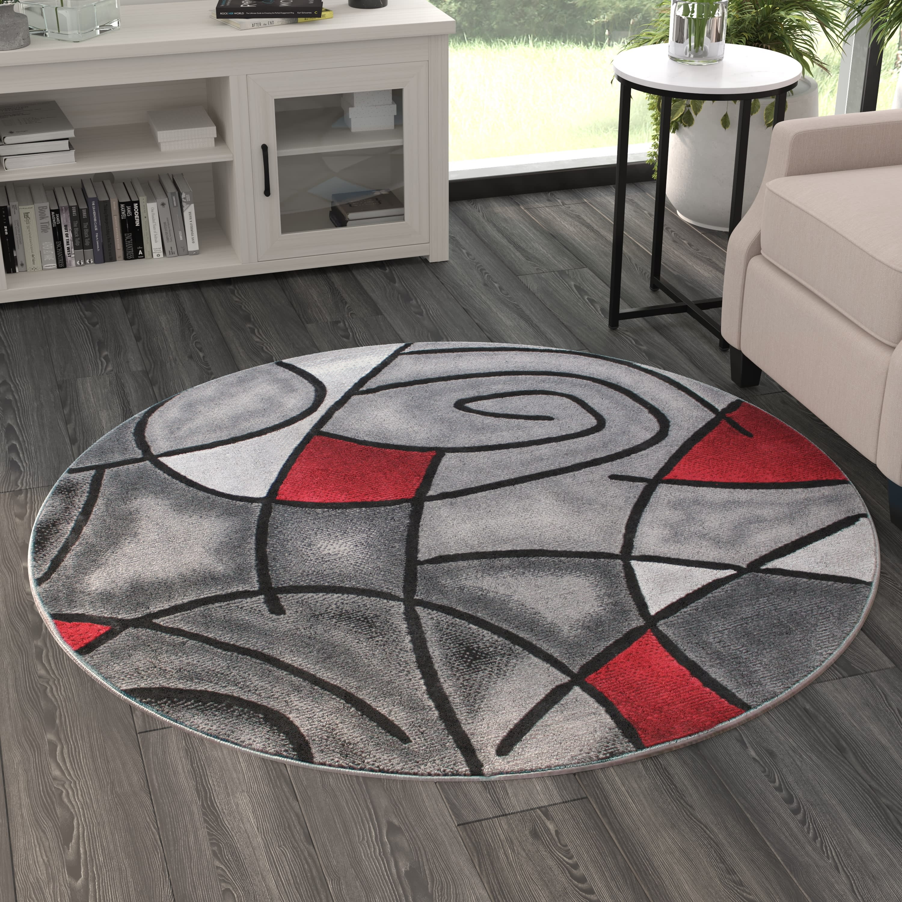 Masada Rugs Modern Contemporary Round Area Rug, Red Grey Black. (5 Feet ...