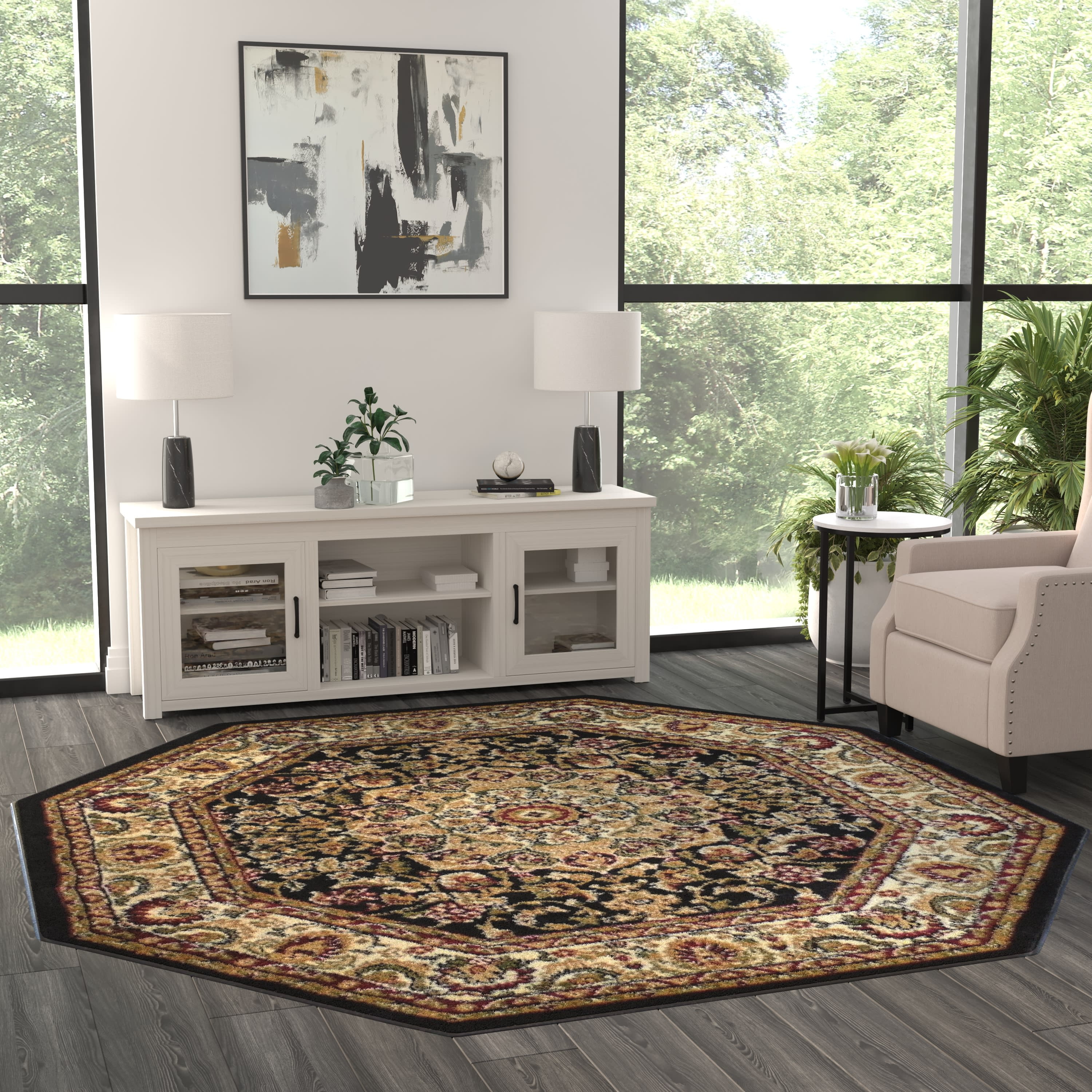 Masada Rugs Traditional Octagon Area Rug, Bellagio 401 Black, 7'3"x7'3 ...