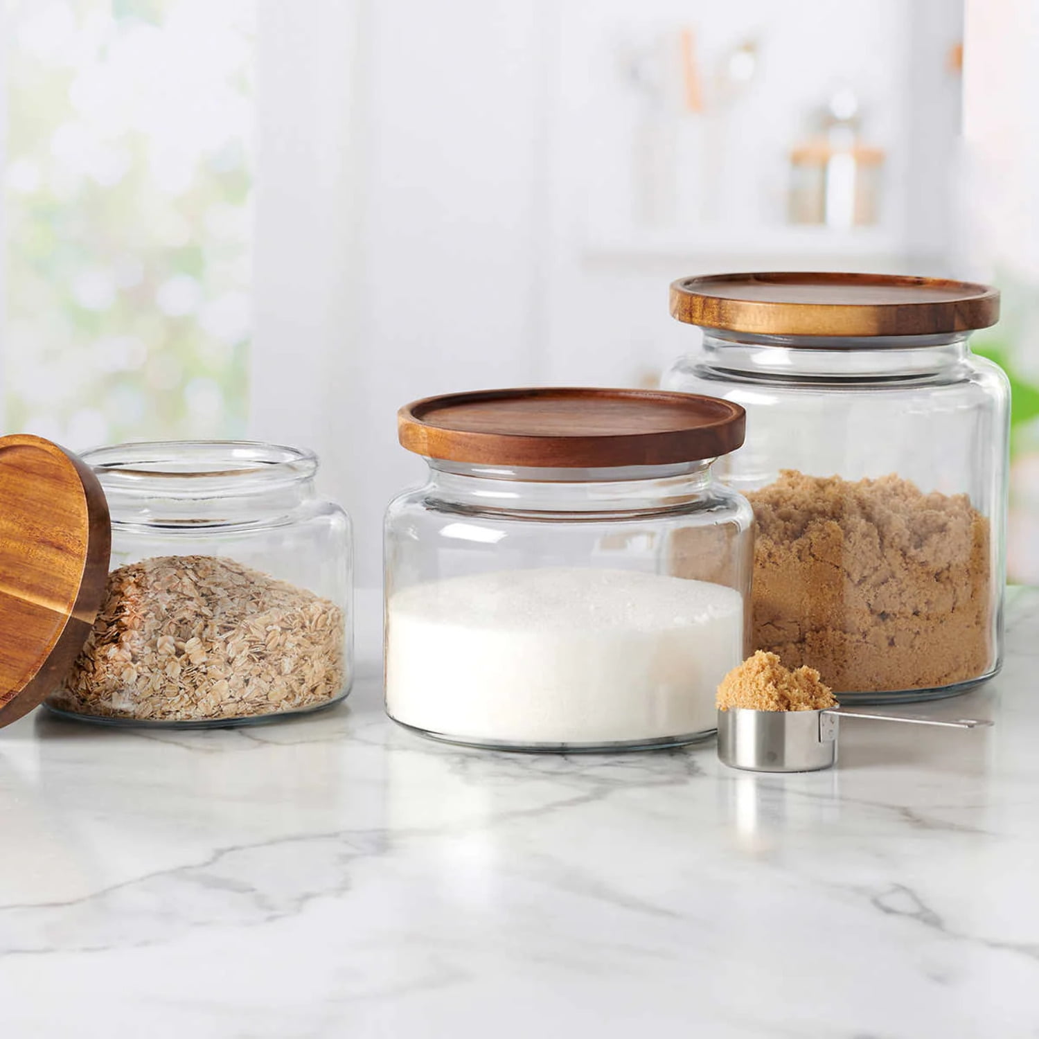 Anchor Hocking Airtight Food Storage Glass Jars with Acacia Lids, Set ...