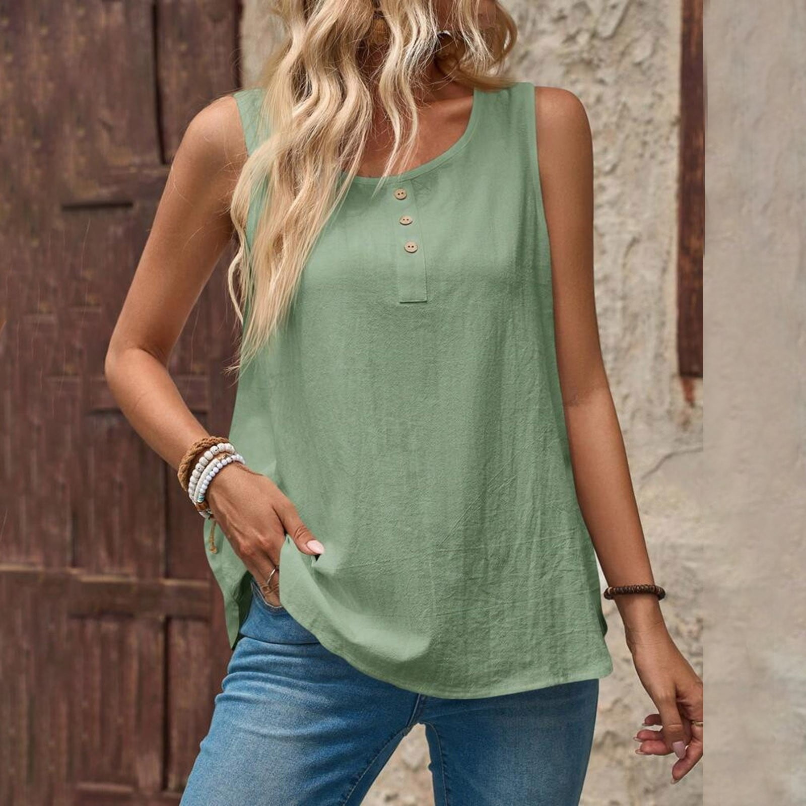 Mashaouyo Women's 2025 Solid Color Vest Open Door Nail Button Loose ...