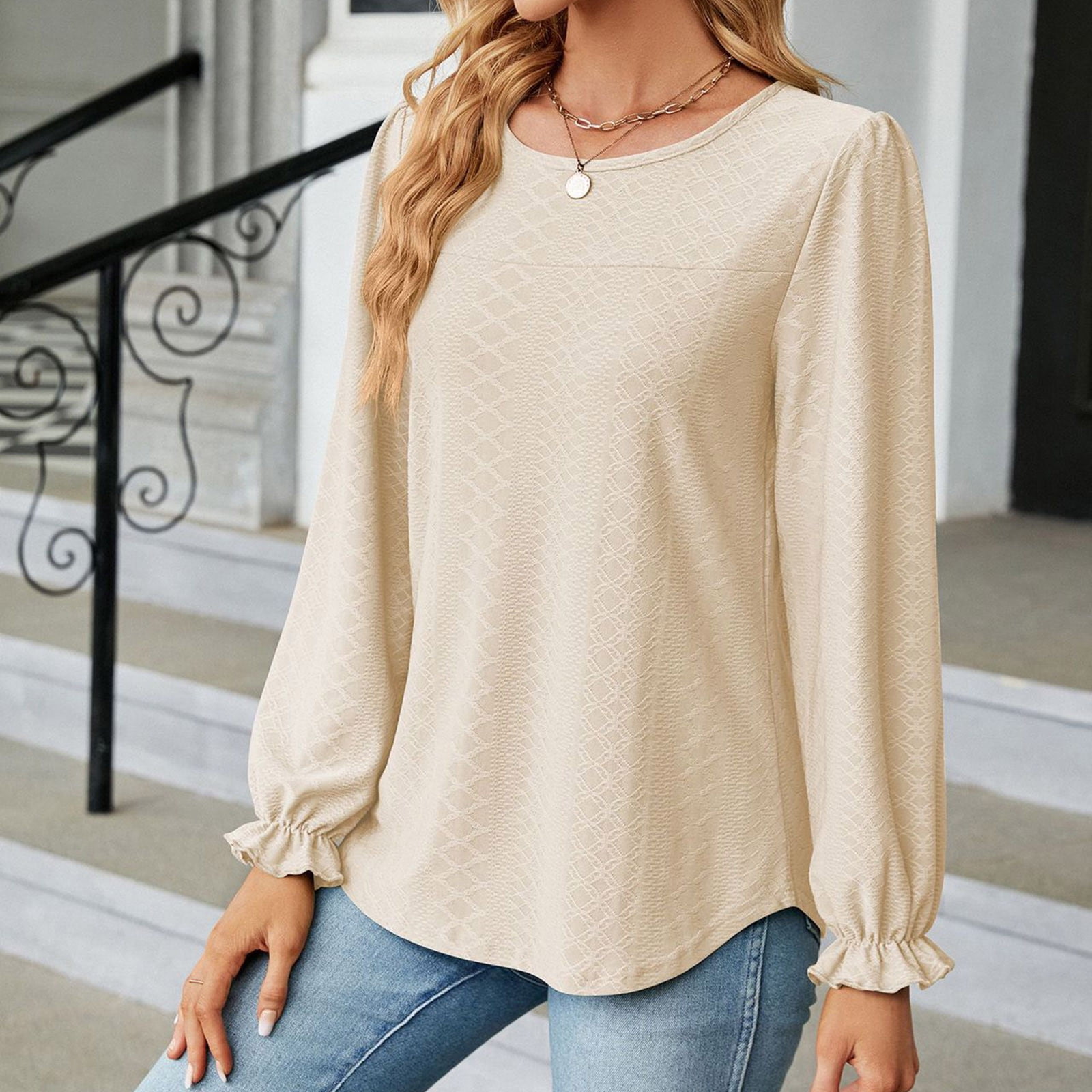 Mashaouyo Women's Puff Long Sleeve Sweatshirts Crewneck Loose Pullover ...