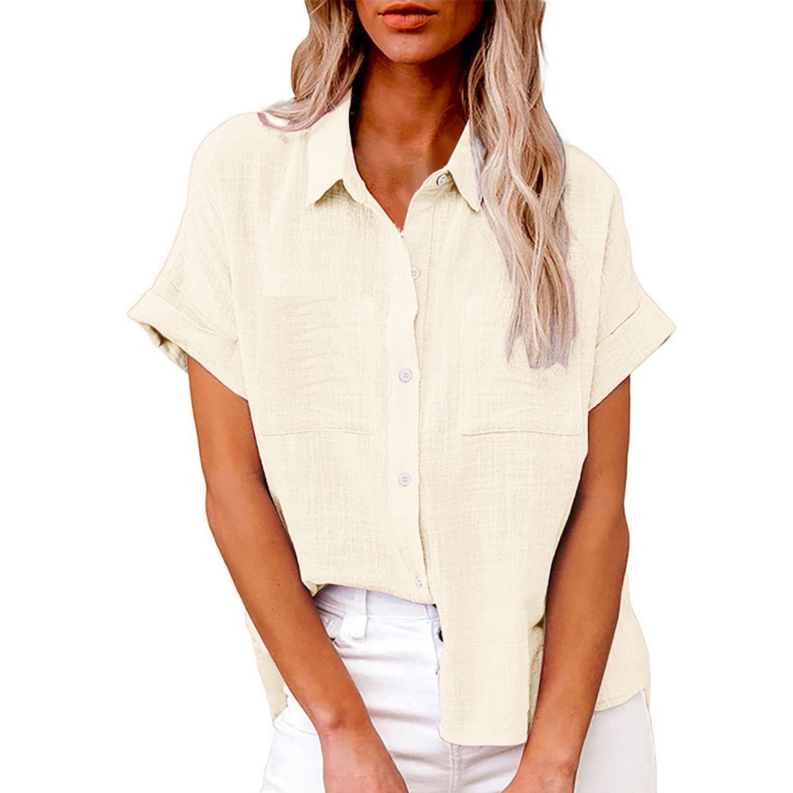 Mashaouyo Womens Short Sleeve Shirts Spring Casual Double Pocket Cotton Basic Shirt Tops ...