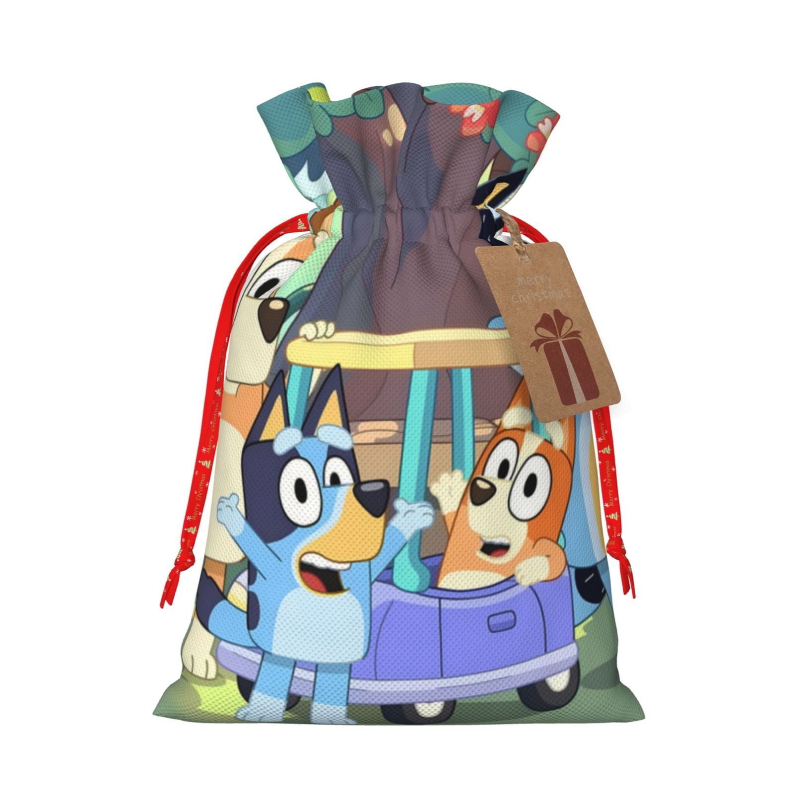 Masiiu Bluey Print Christmas Gift Bag, Burlap Drawstring Pouch with ...