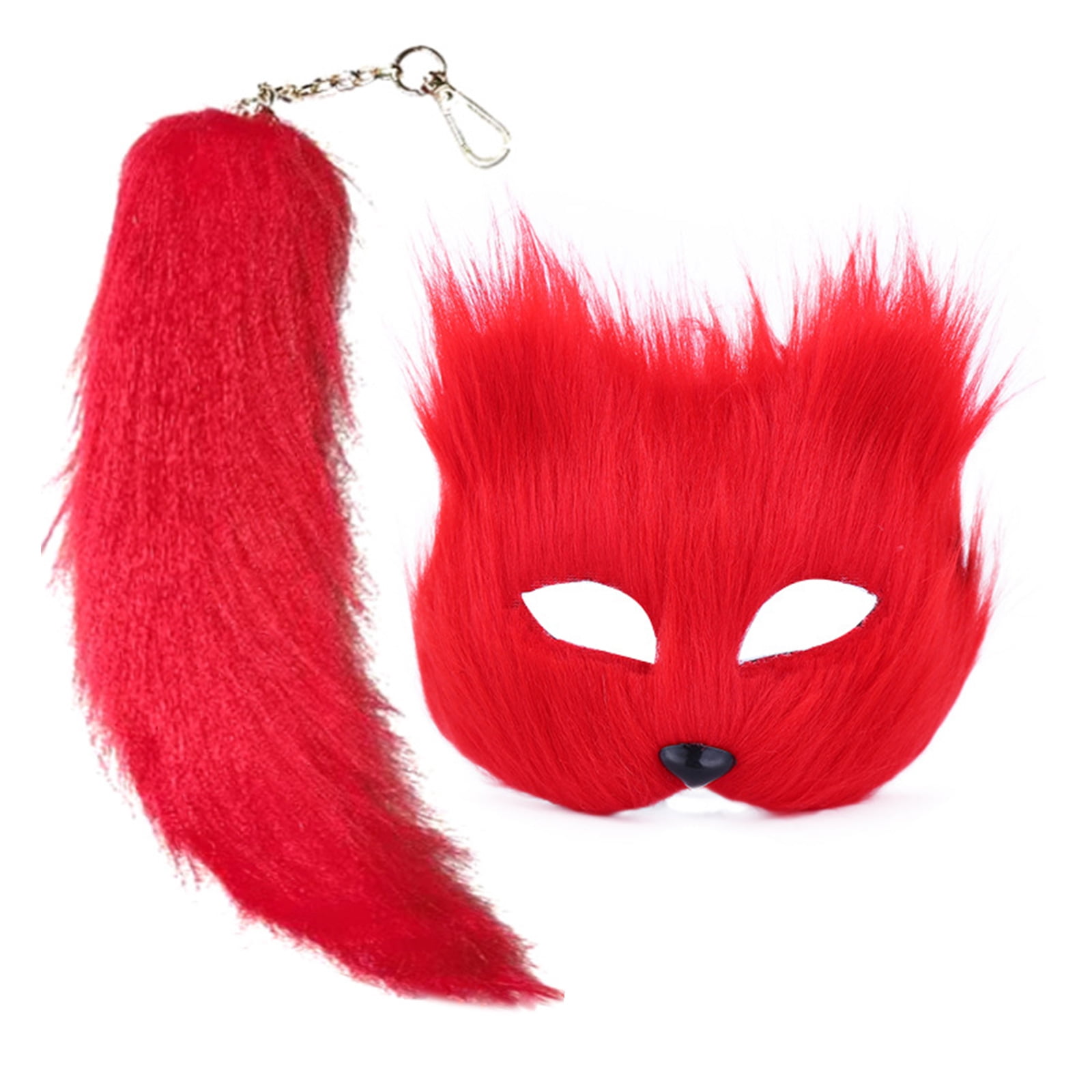 Mask and Tail for Women Girls Fuzzy Cats Foxes Wolf Mask Tail Keychain ...