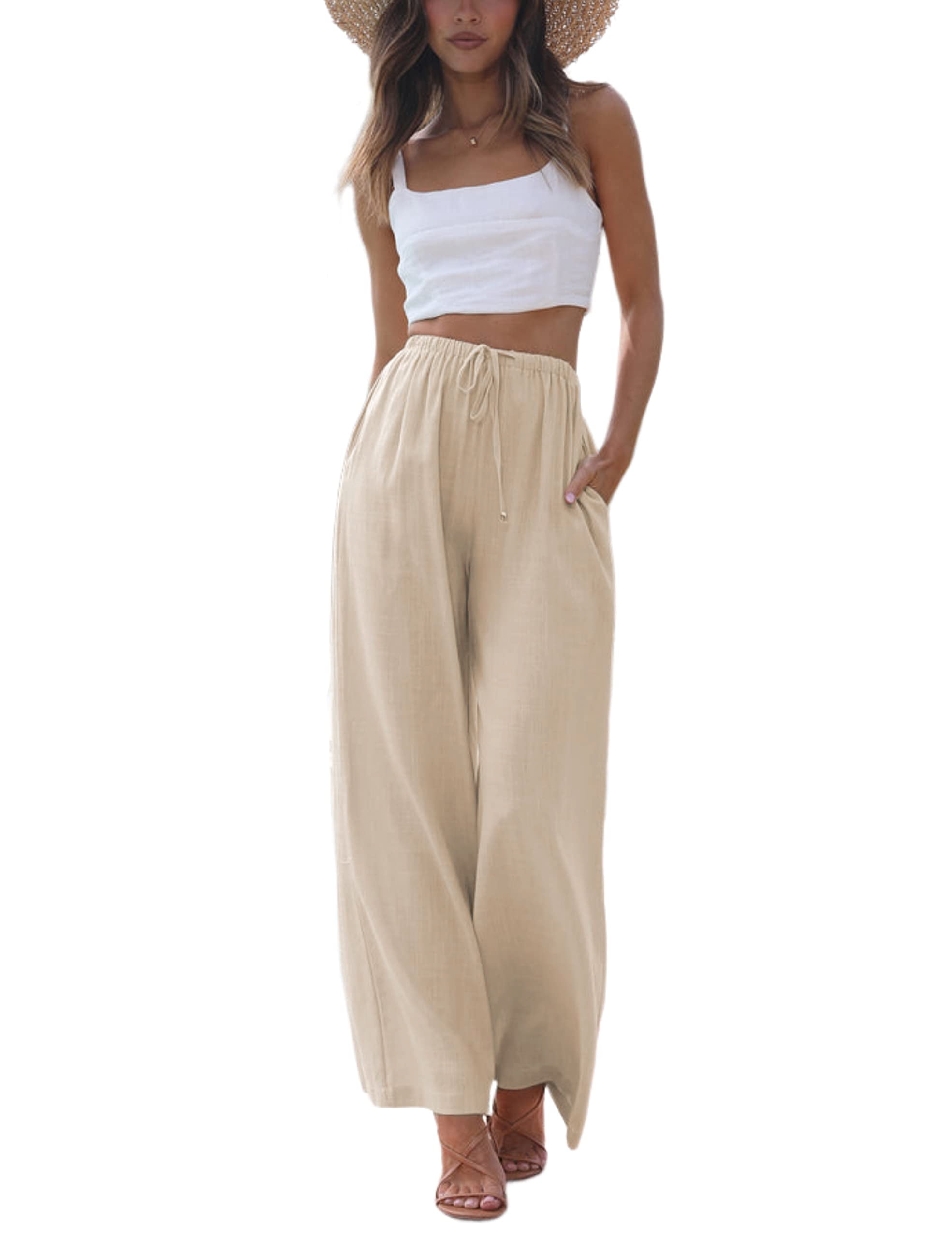 Maskion Women's Boho High Waist Cotton Linen Palazzo Pants, Wide Leg ...