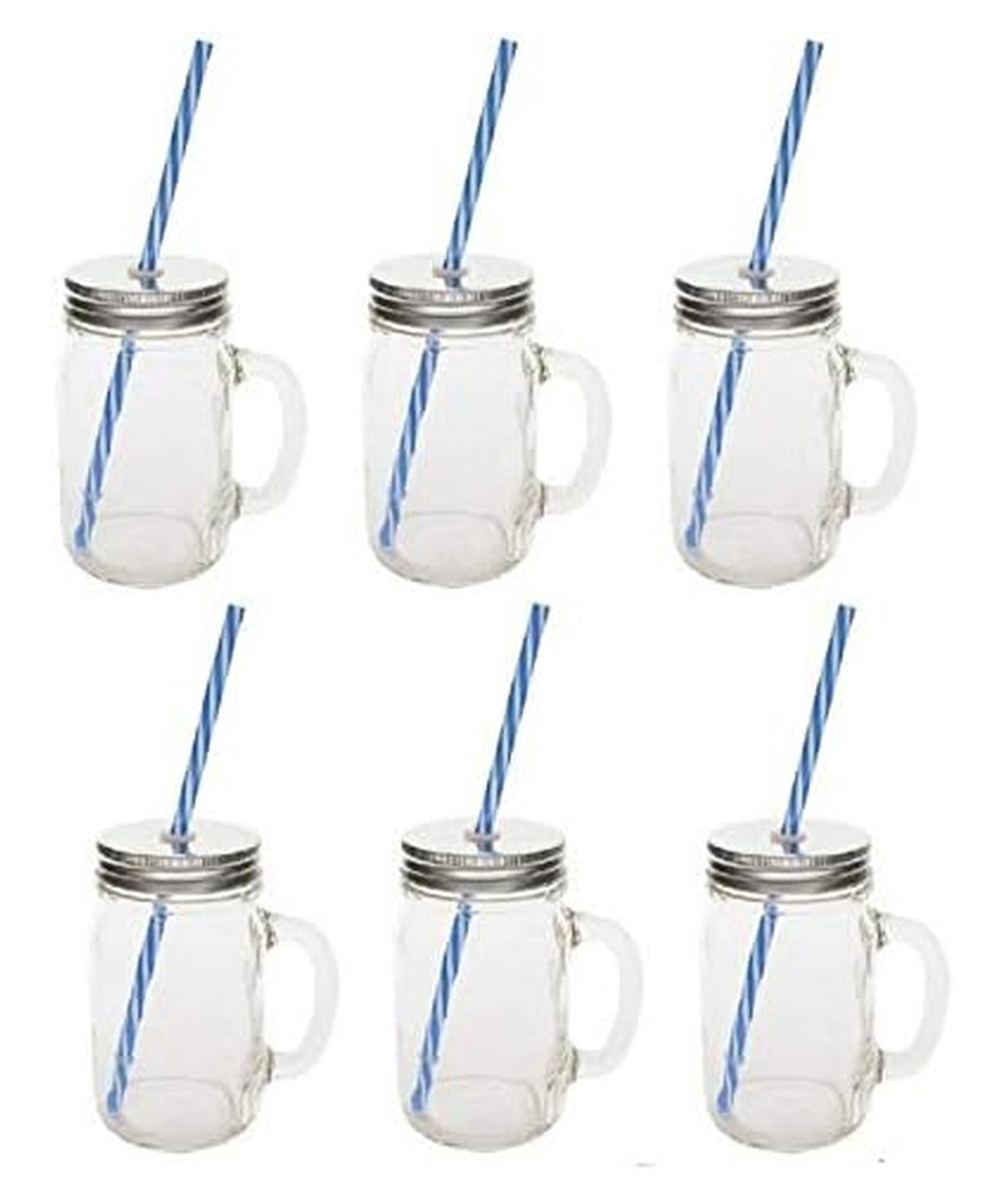 Mason Jar Drinking Mug Set with Handle & Straws - 6 Piece Glass Mugs ...
