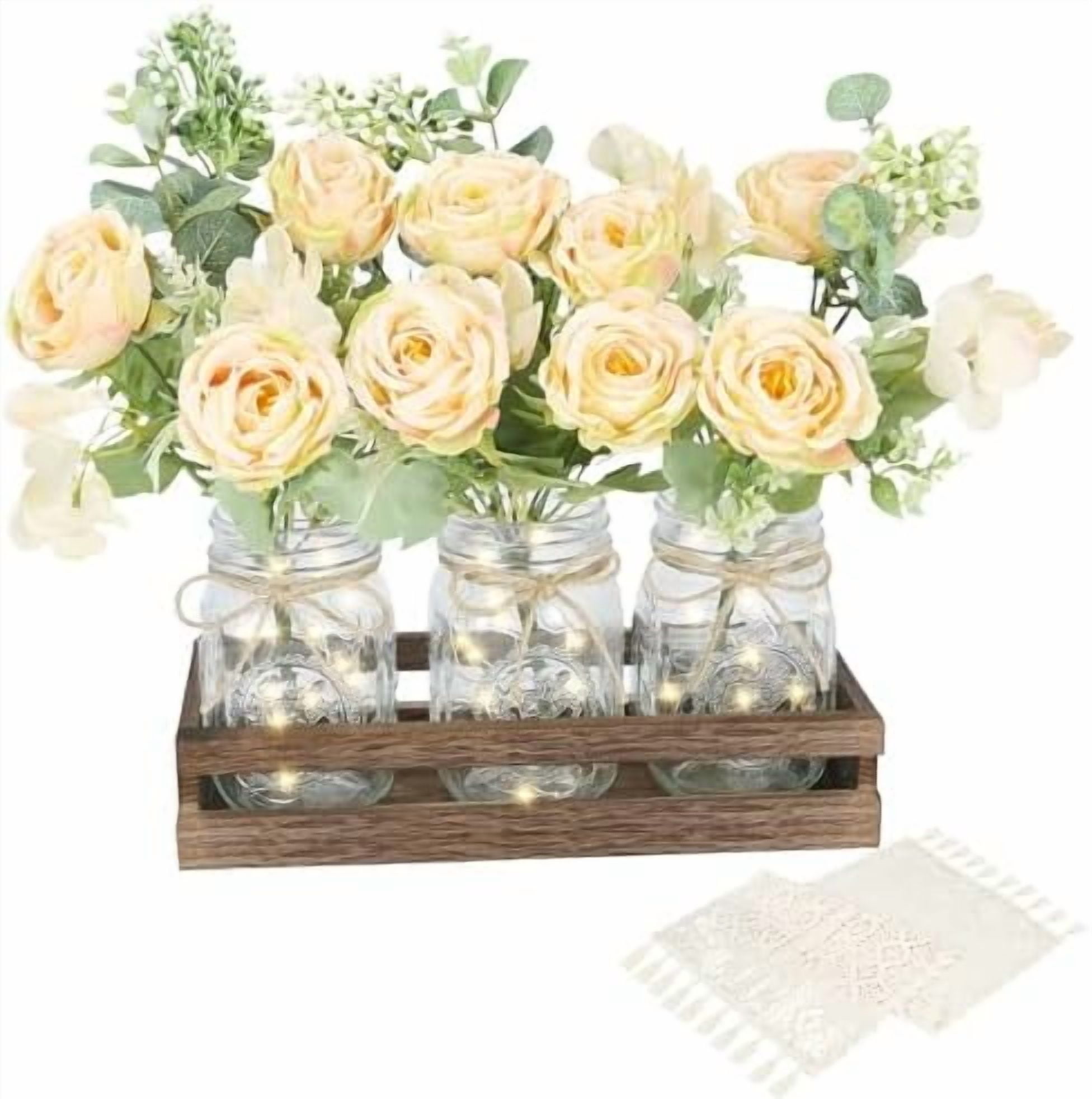 Mason Jar Lights Table Centerpiece Decoration for Farmhouse Coffee, with Wood Tray, Jars ...