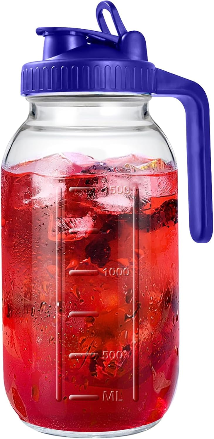 Mason Jar Pitcher, 64 OZ Glass Pitcher with Lid Double Leak-proof with ...