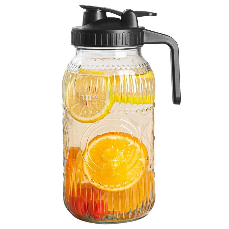 Mason Jar Pitcher with Pour Spout Handle Lid - 64 oz Wide Mouth Glass ...