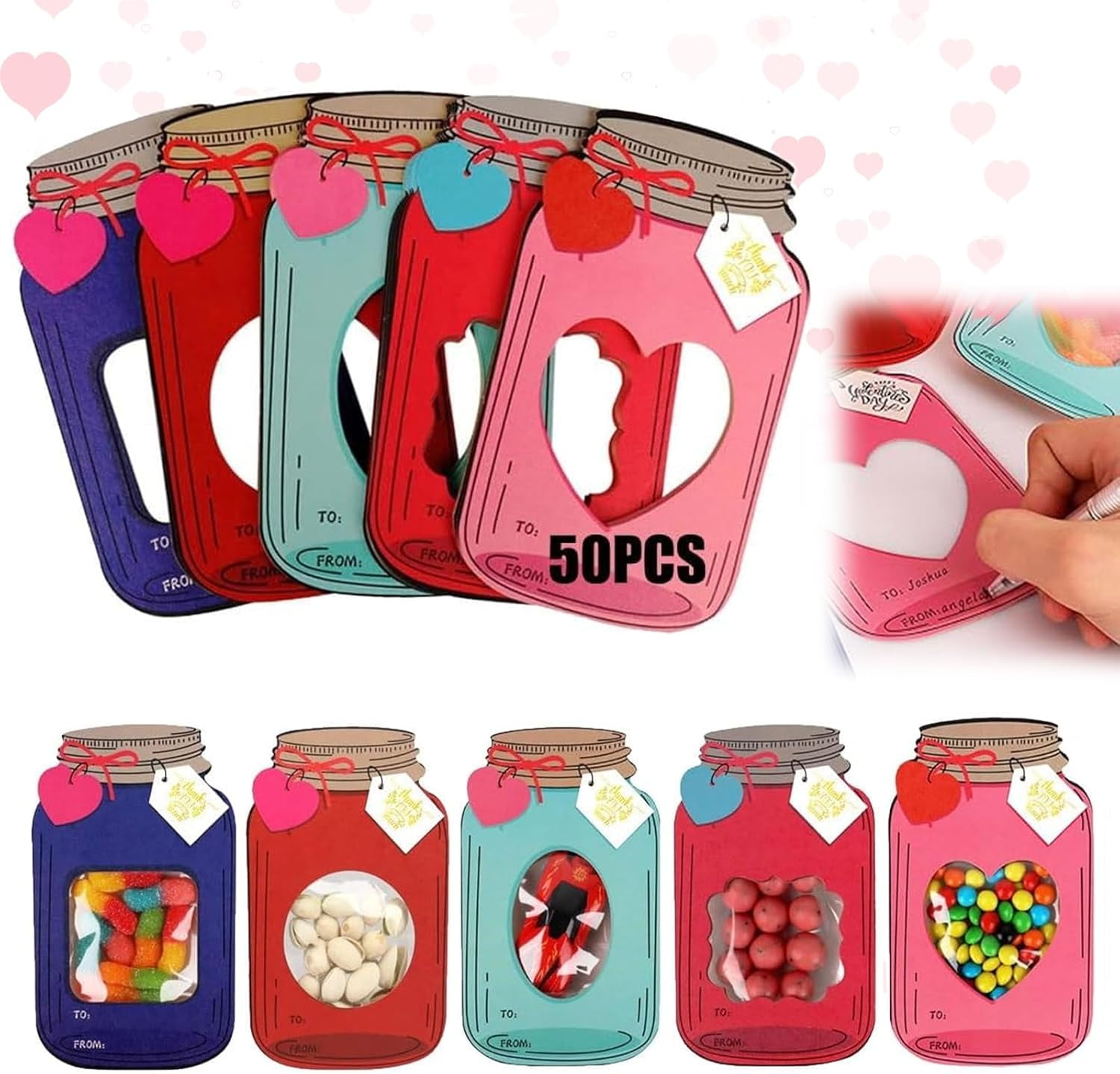 Mason Jar Valentines Day Cards, 50/100 Pack Valentines Mason Jar ...