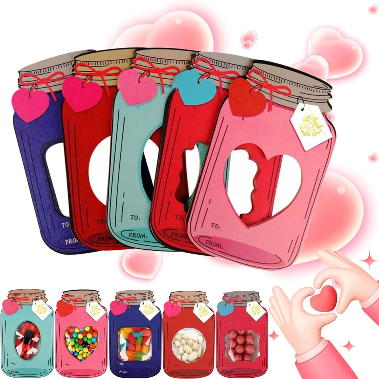 Mason Jar Valentines Day Cards, 50 Pack Girls Class Preschool Mason Jar ...
