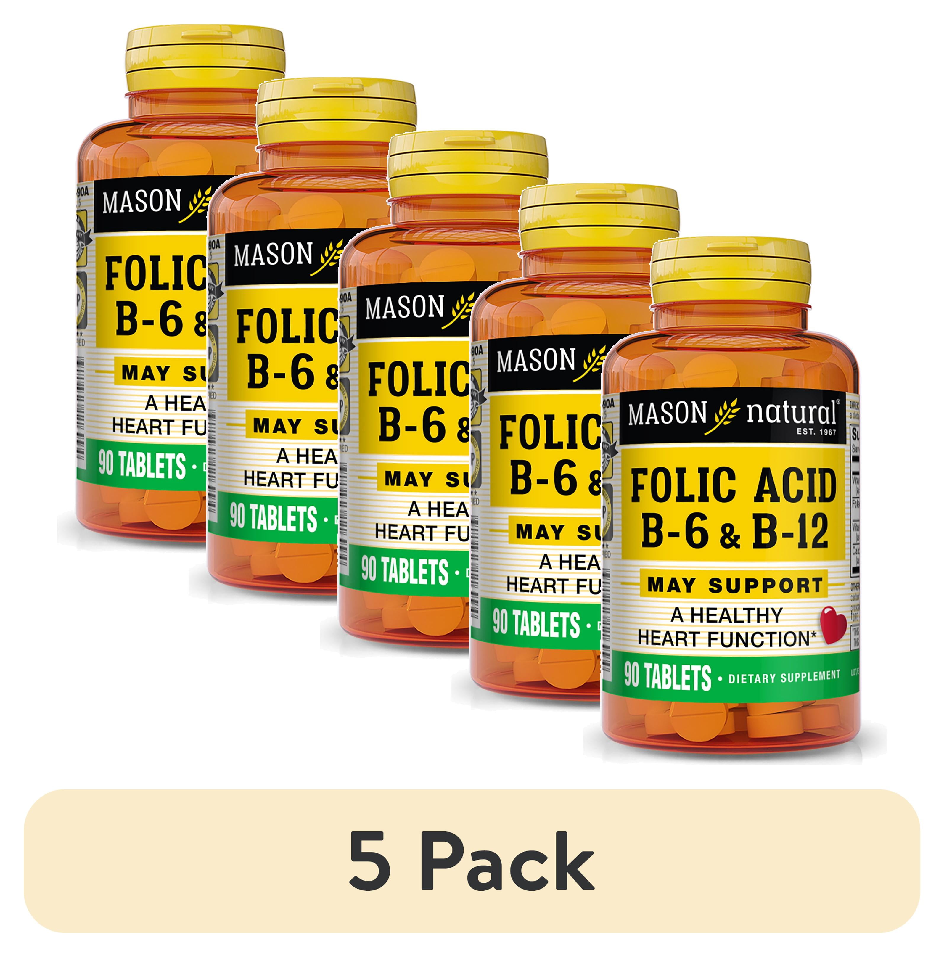 (5 pack) Mason Natural Heart Formula Folic Acid with Vitamin B6 and B12, 90 Tablets - Walmart.com