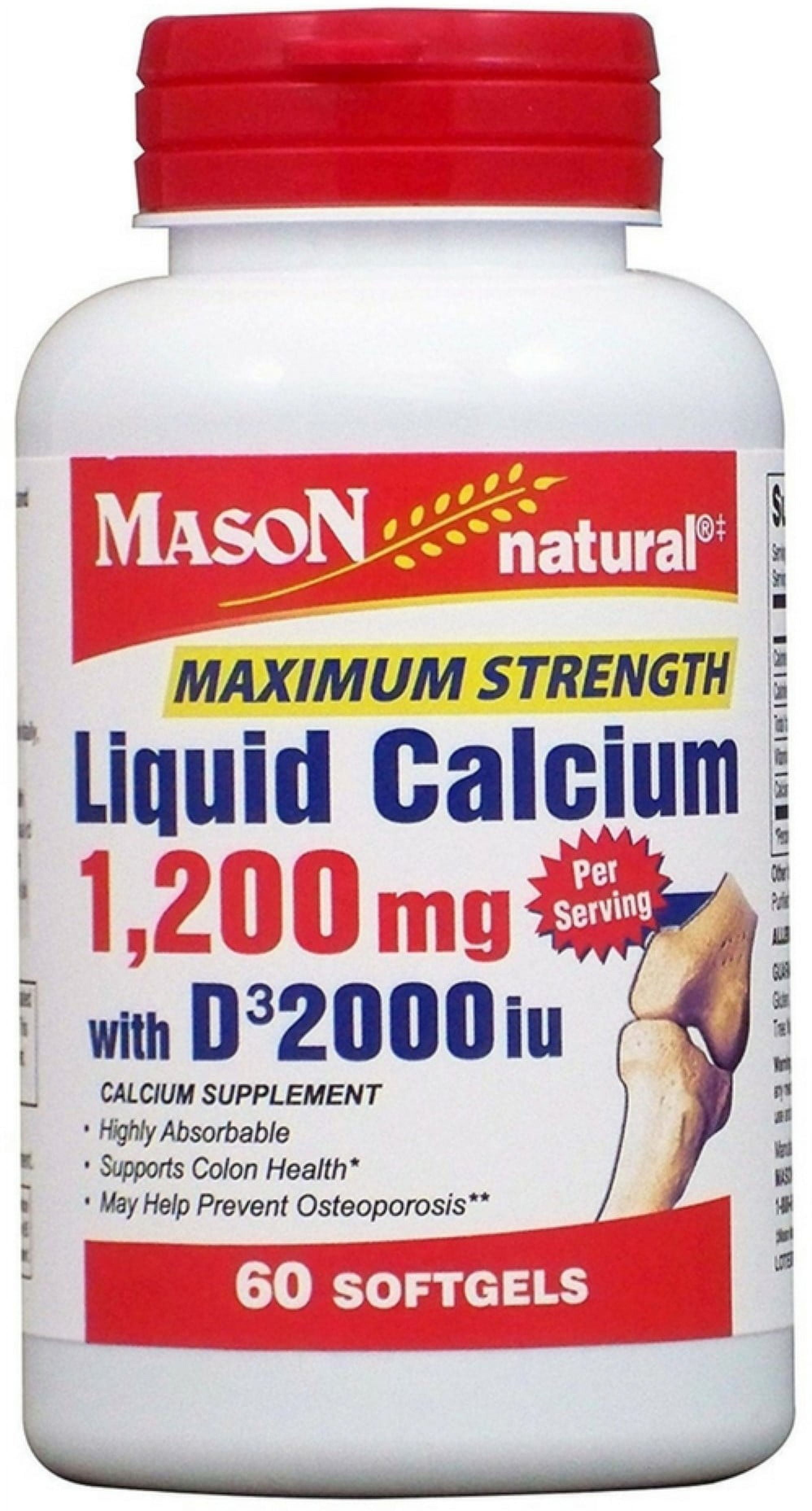 Mason Natural Liquid Calcium 1200mg, D3 2000 IU Softgels, 60 ea, Pack ...