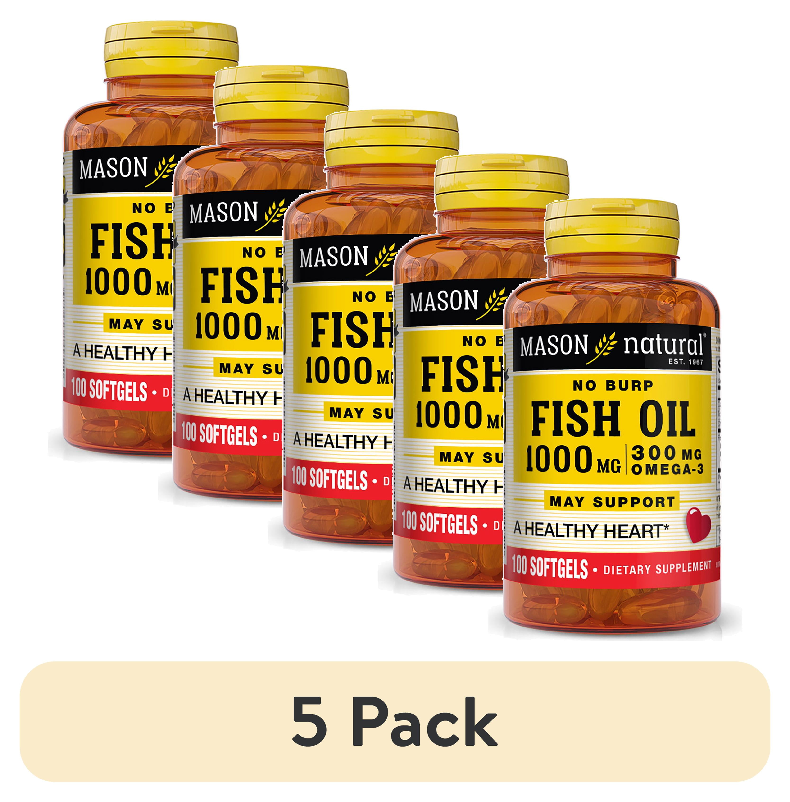 (5 pack) Mason Natural No Burp Fish Oil 1000 mg Omega-3 300 mg, 100 ...