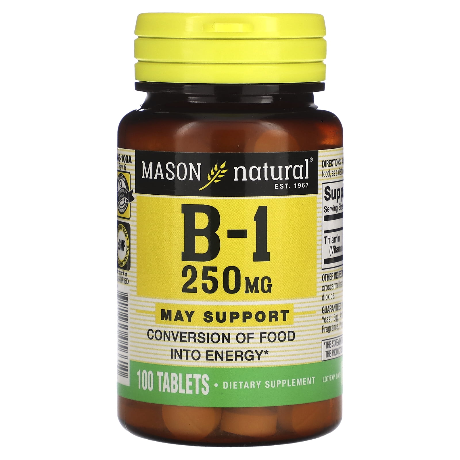 Mason Natural High Potency Vitamin B1 (Thiamin) 250 mg, Energy and ...