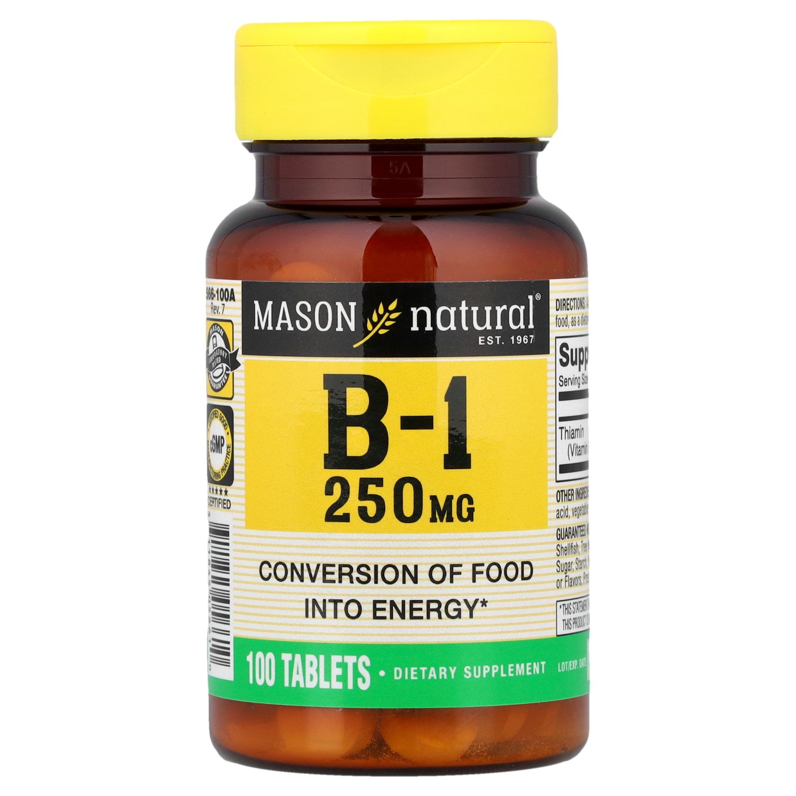 Mason Natural High Potency Vitamin B1 (Thiamin) 250 mg, Energy and ...
