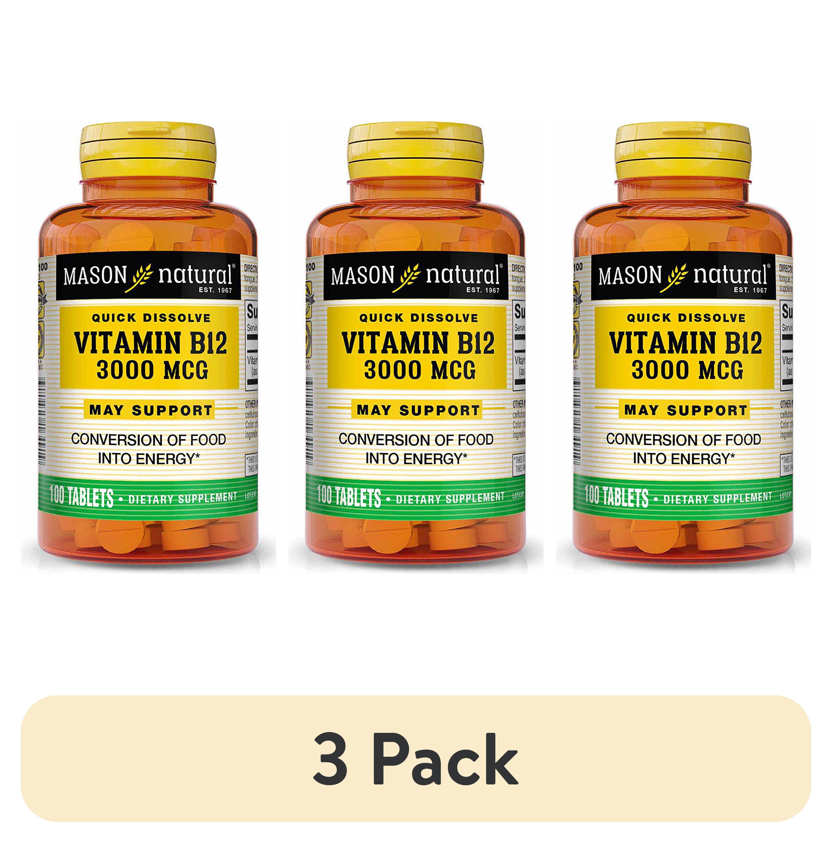 (3 pack) Mason Natural Vitamin B12 3,000 mcg as Cyanocobalamin, Quick ...