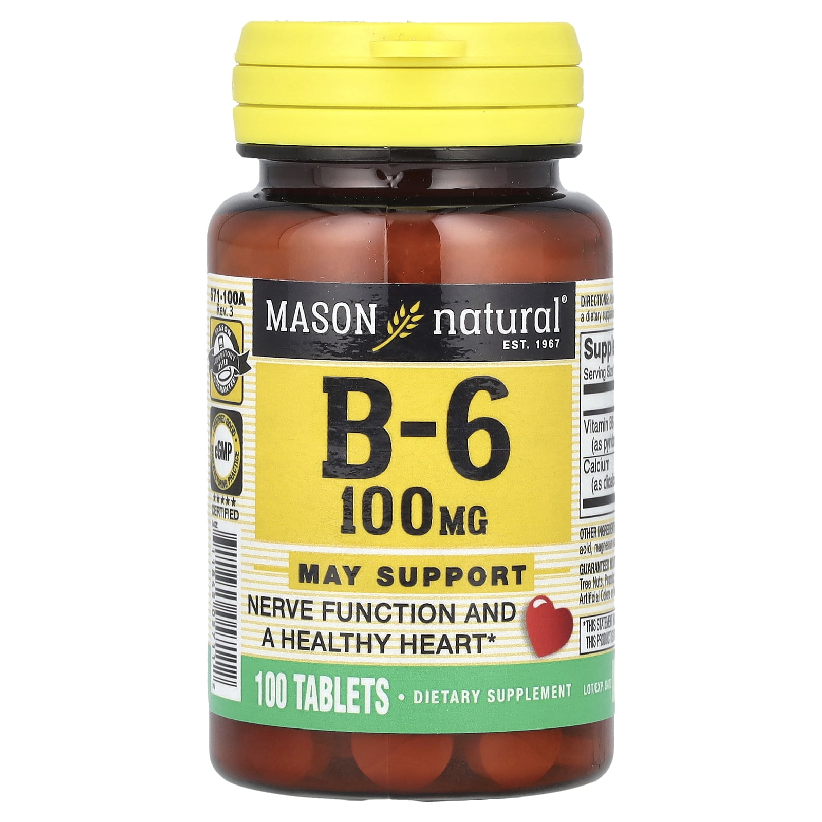 Mason Natural Vitamin B6 100 mg with Calcium - Healthy Heart and Nerve ...