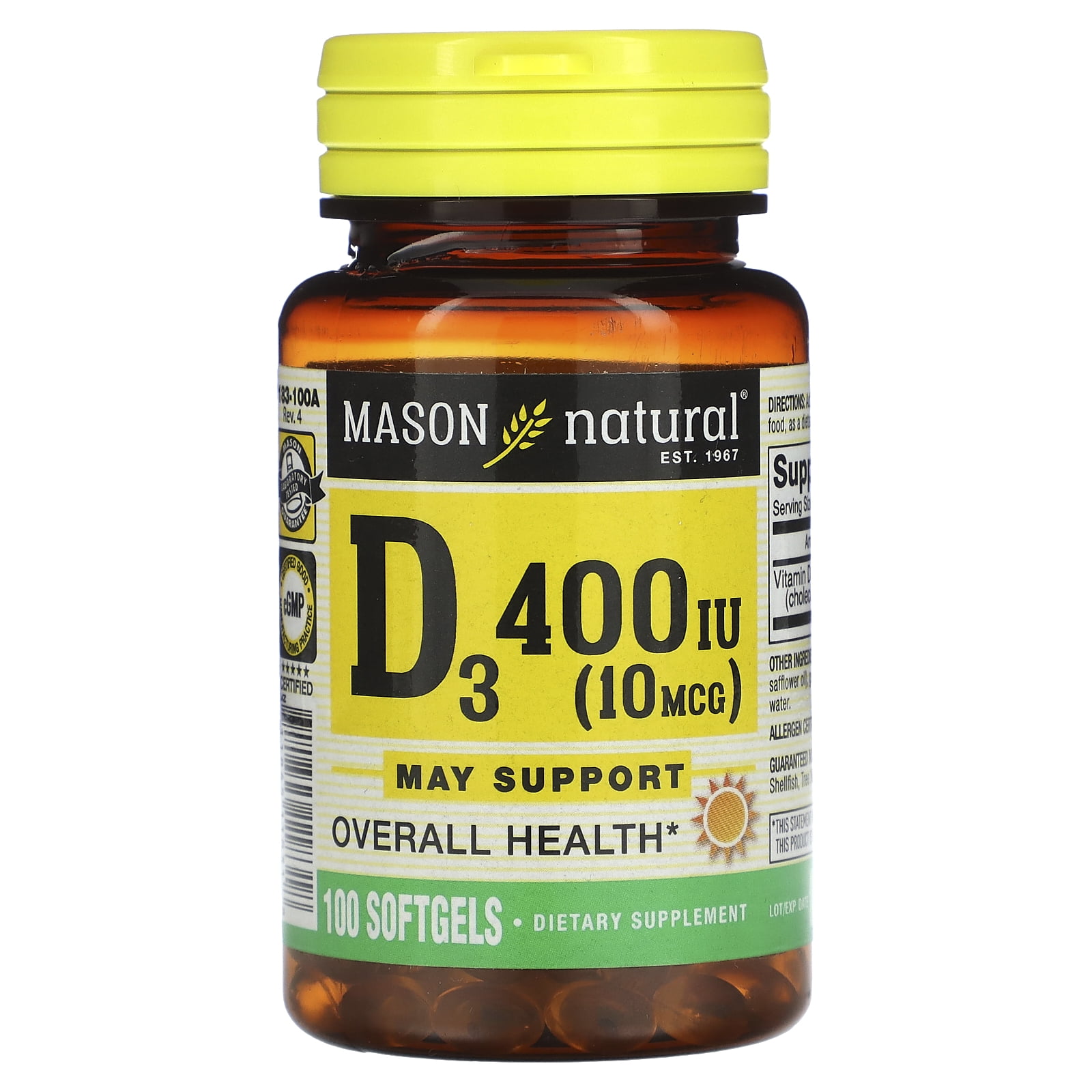 Mason Natural D3 10Mcg (400 IU) Vitamin - 100 Softgels for Immunity and ...