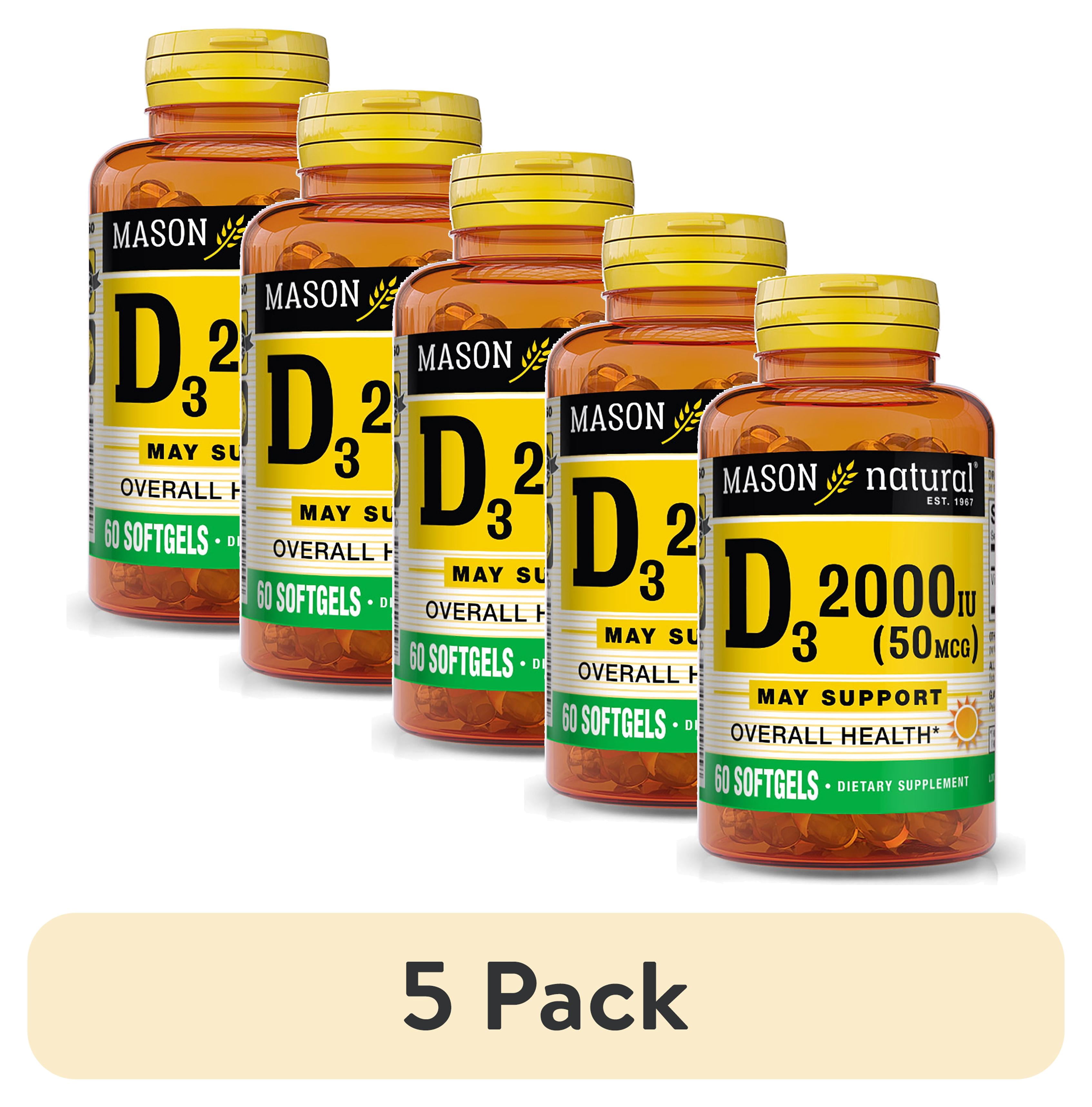 (5 pack) Mason Natural Vitamin D3 50 mcg (2000 IU) - Supports Overall ...
