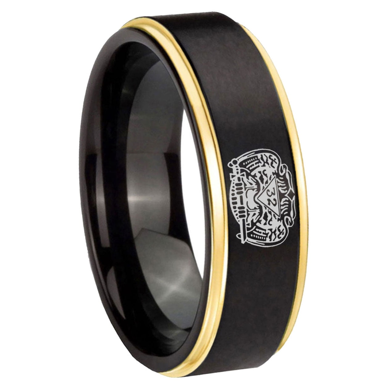Masonic 32 Degree Freemason Step Edge Black Gold Tungsten Ring 10MM ...