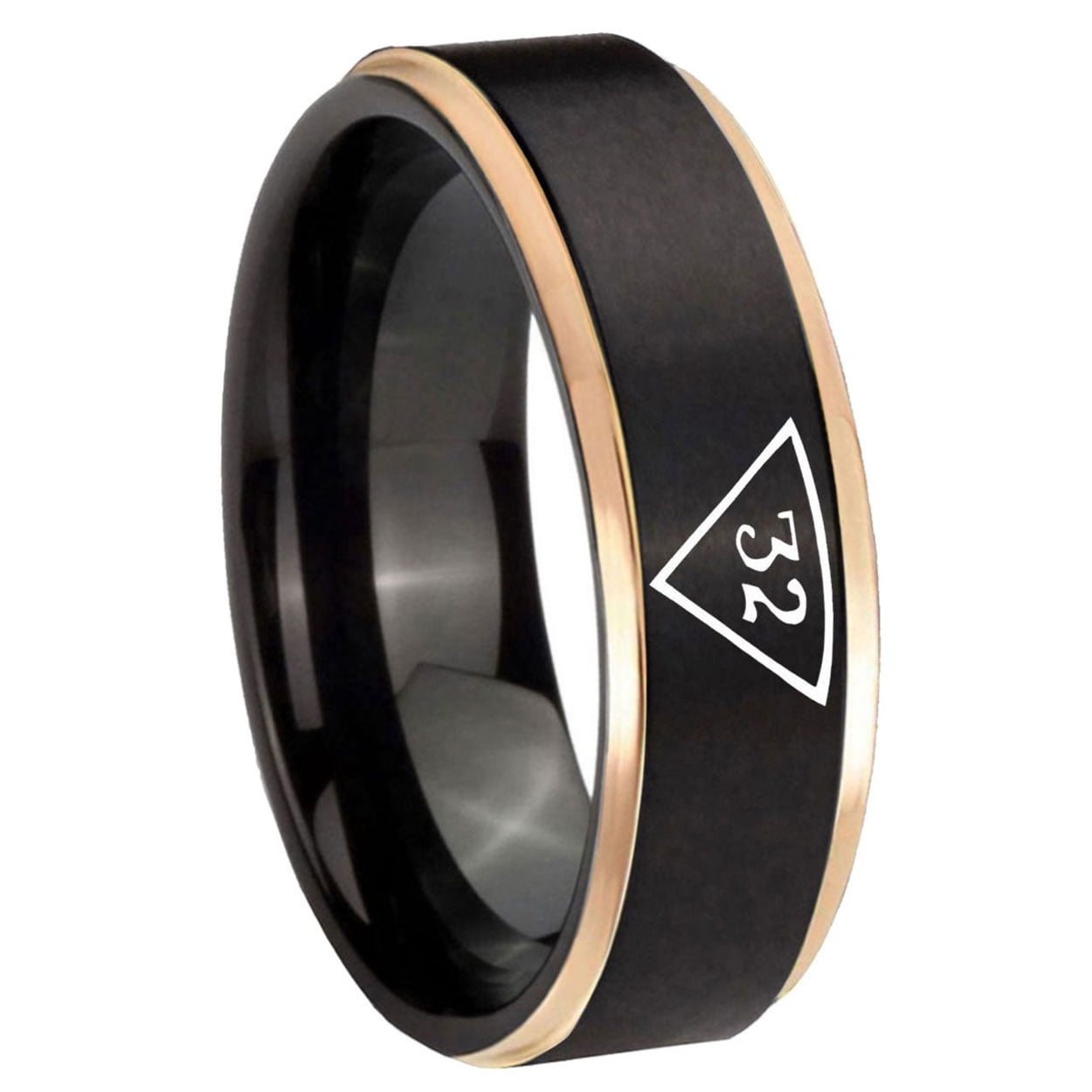 Masonic 32 Triangle Freemason 8MM Step Edge Black And Rose Gold ...