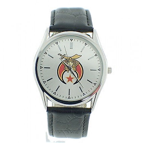 Masonic Shriners Watch - Silver Face Black Leather Band - Masonic ...
