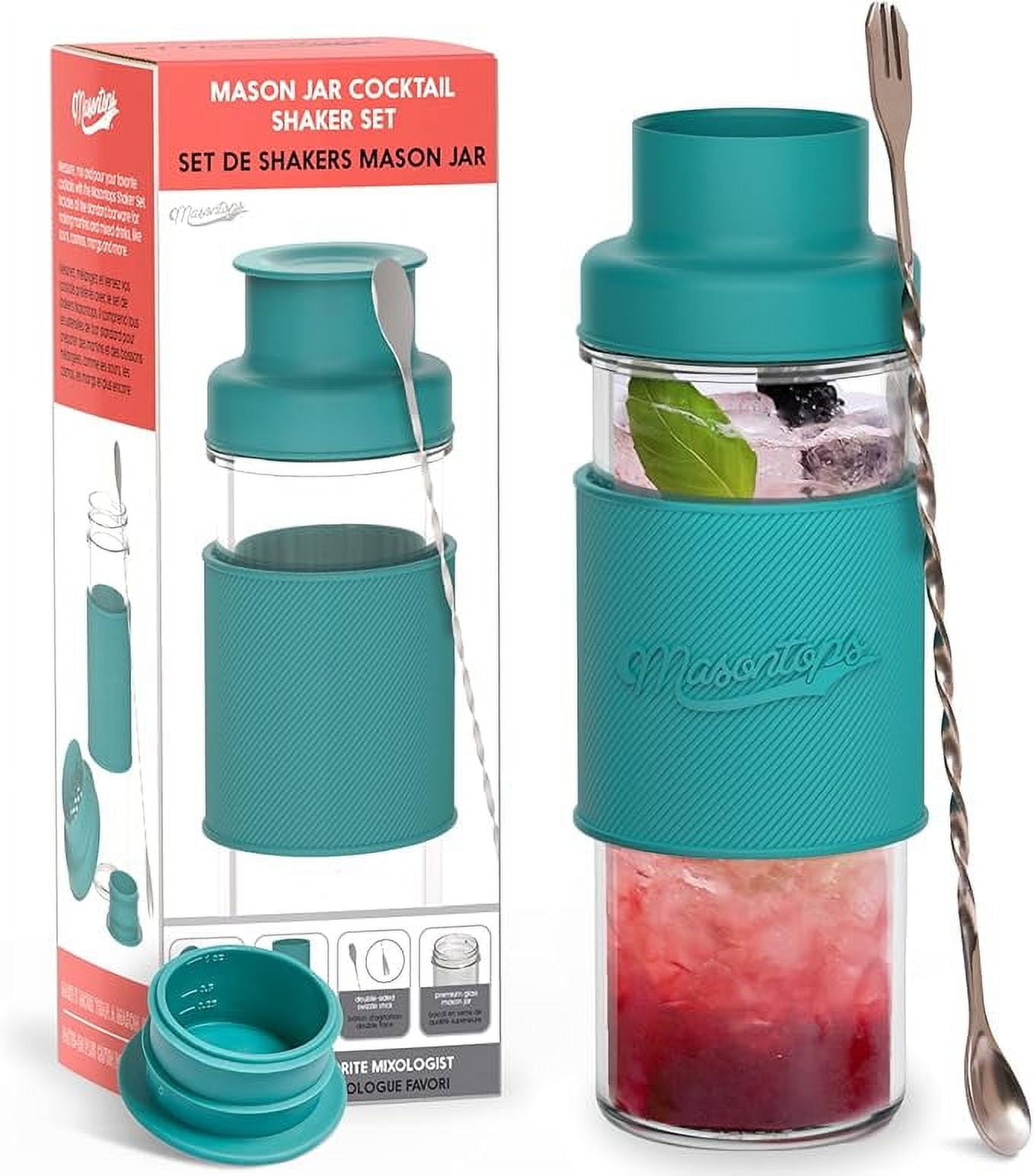 Masontops Cocktail Shaker Set – Glass Mason Jar Drink Shaker – 4 PC Set ...
