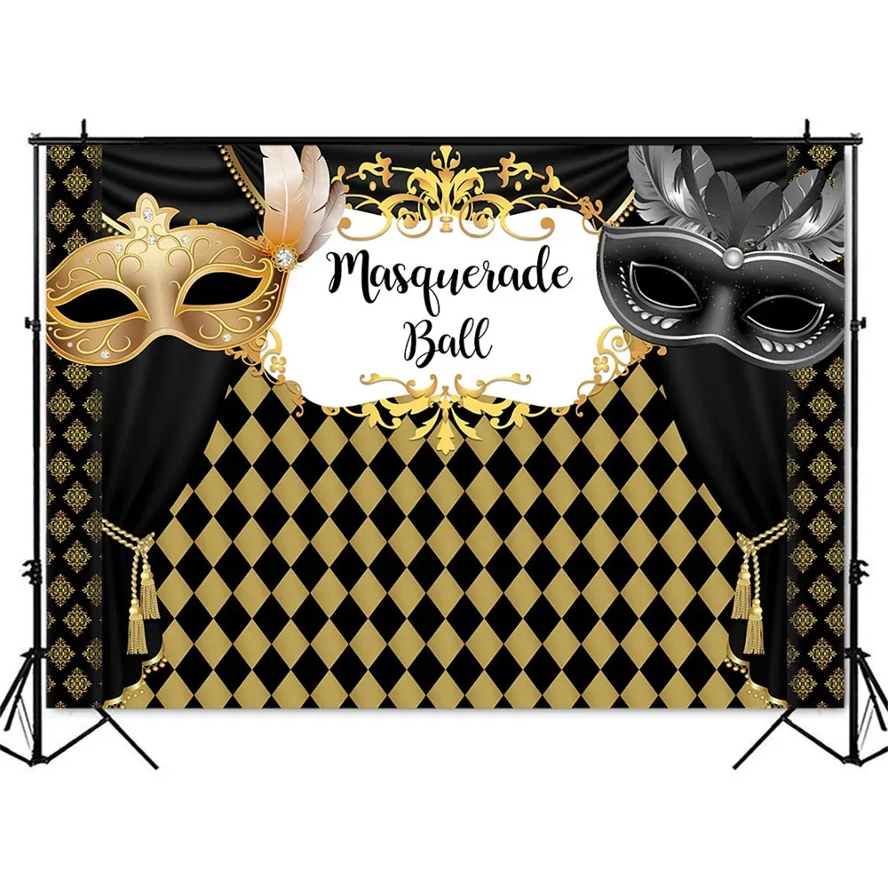 Masquerade Ball Dance Party Backdrop for Party rations Black and Gold Masks Photo Background ...